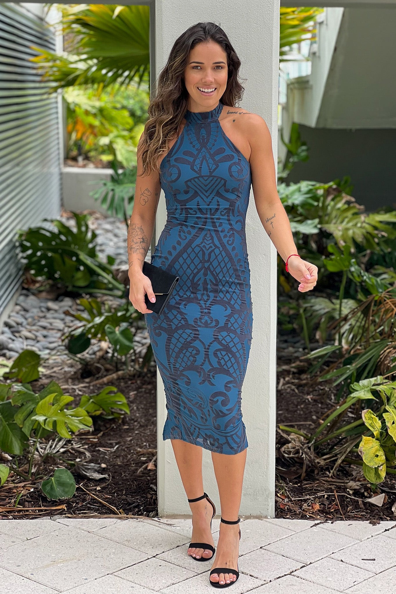 Navy And Black Velvet Halter Neck Midi Dress Beautiful Dresses