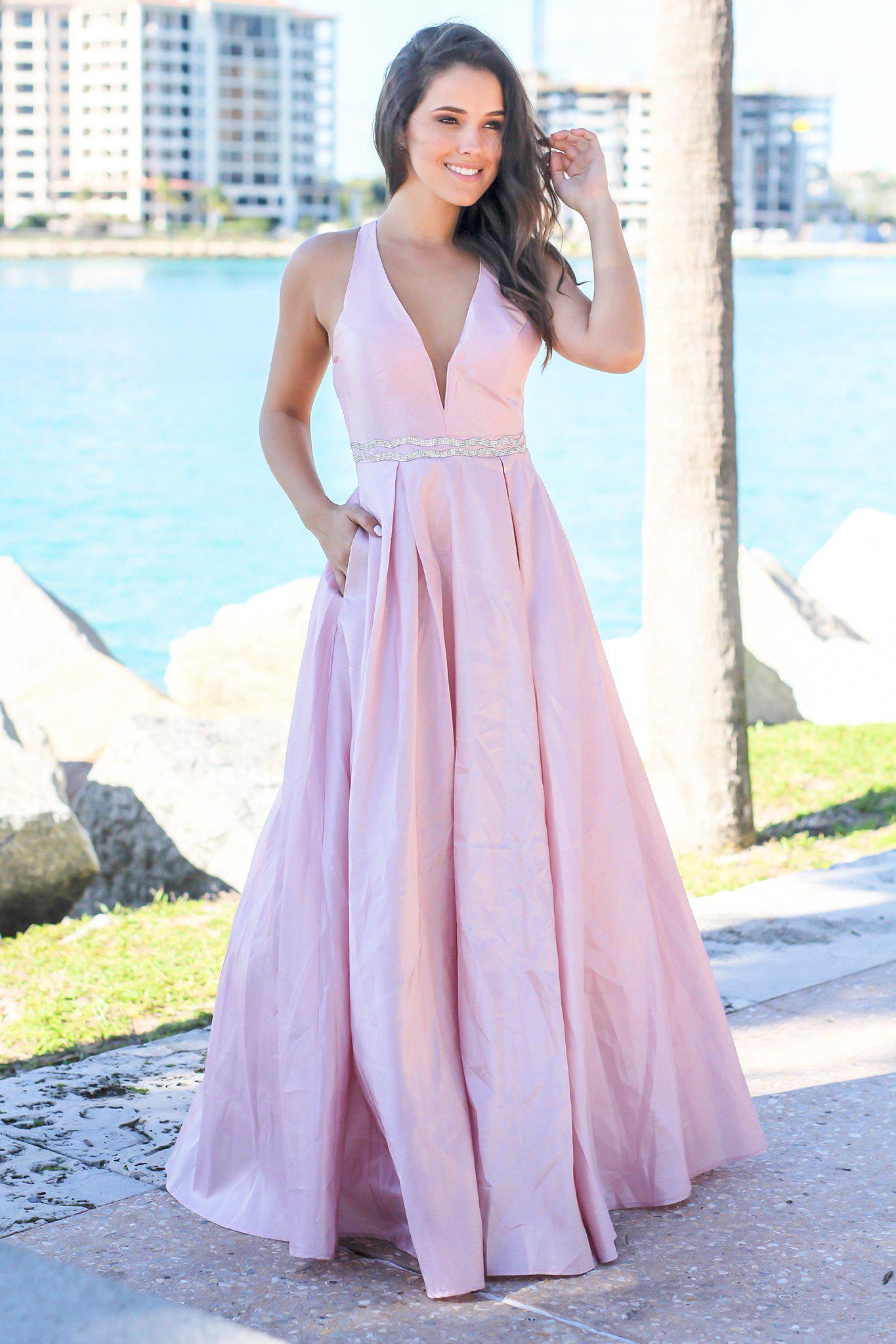 Blush V Neck Maxi Dress With Open Back Maxi Dresses Saved By The Dress