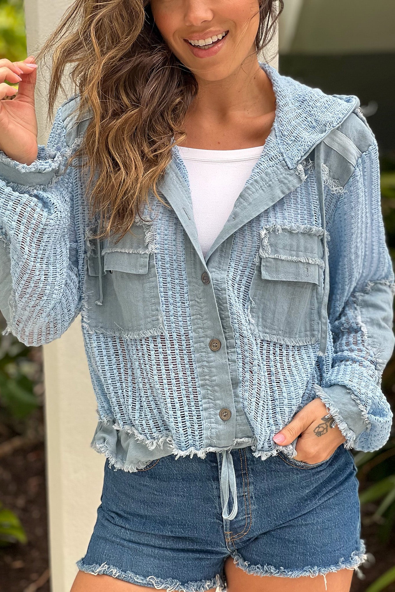 Blue Open Knit Button Down Hooded Shirt Top | Cute Tops – Saved by the ...