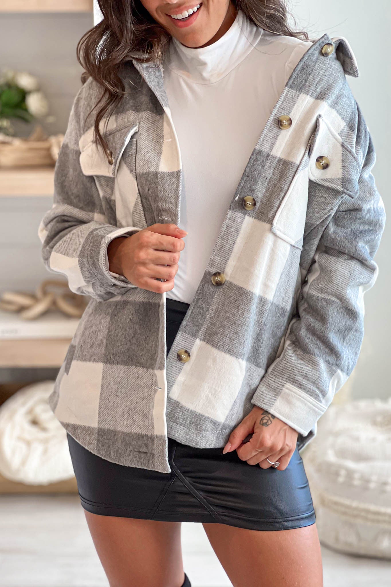 Gray Plaid Button Down Jacket | Hooded Jacket – Saved by the Dress
