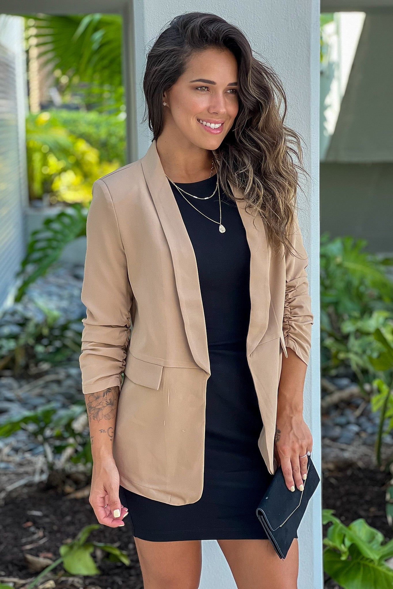 Khaki Ruched Sleeve Blazer | Open Front Blazer | Online Boutiques ...