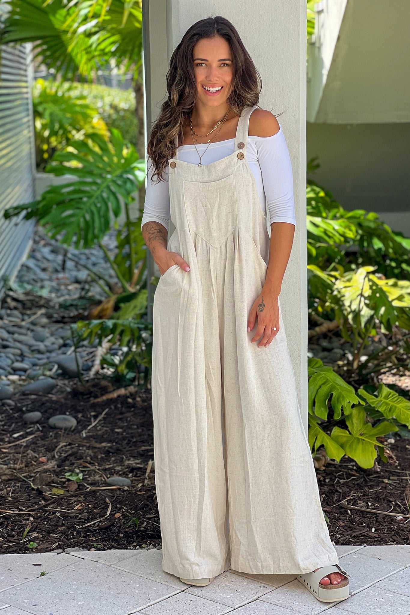 Oatmeal Linen Overalls | Online Boutiques – Saved by the Dress