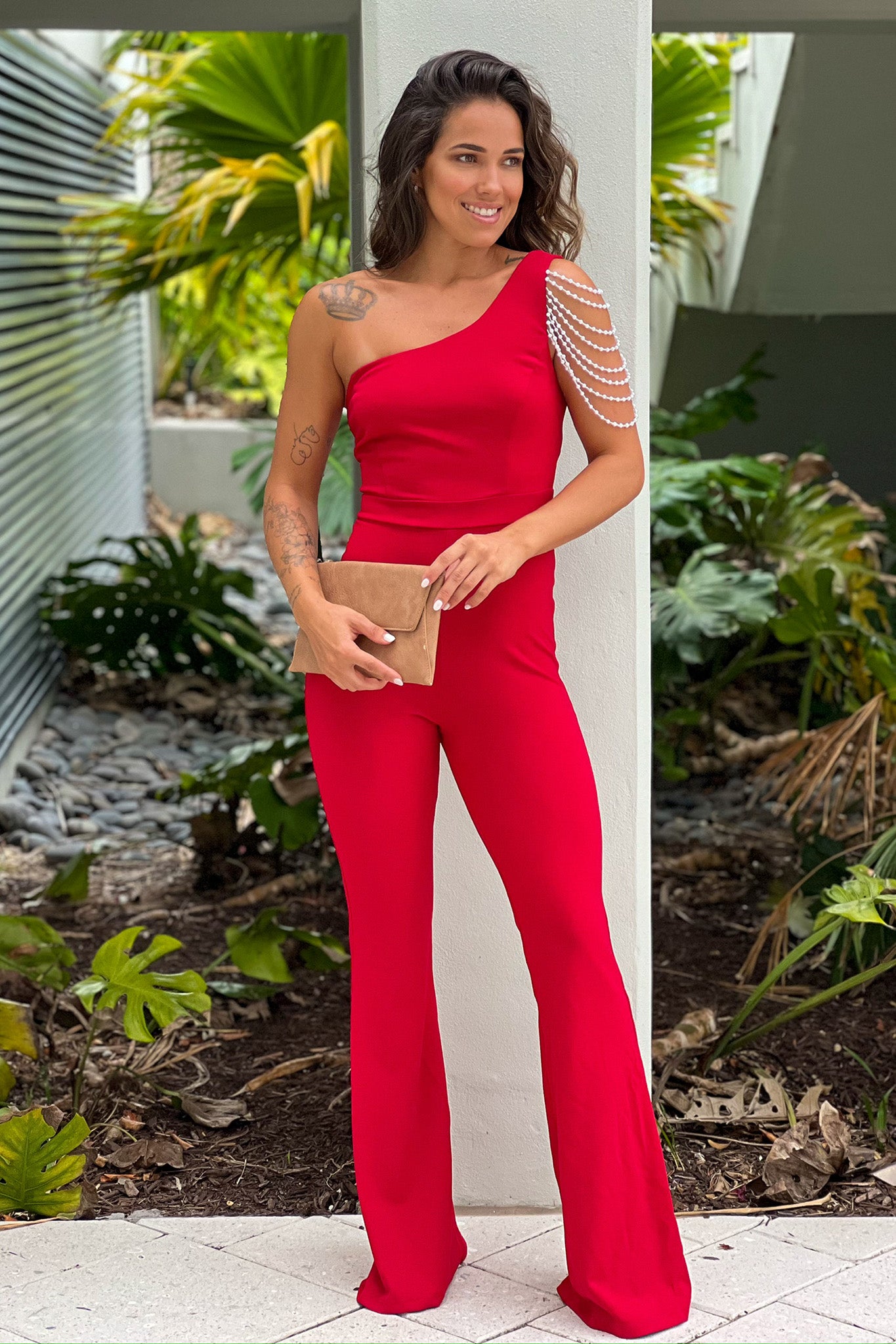 Red One Shoulder Jumpsuit With Faux Pearl Detail | Jumpsuits – Saved by ...