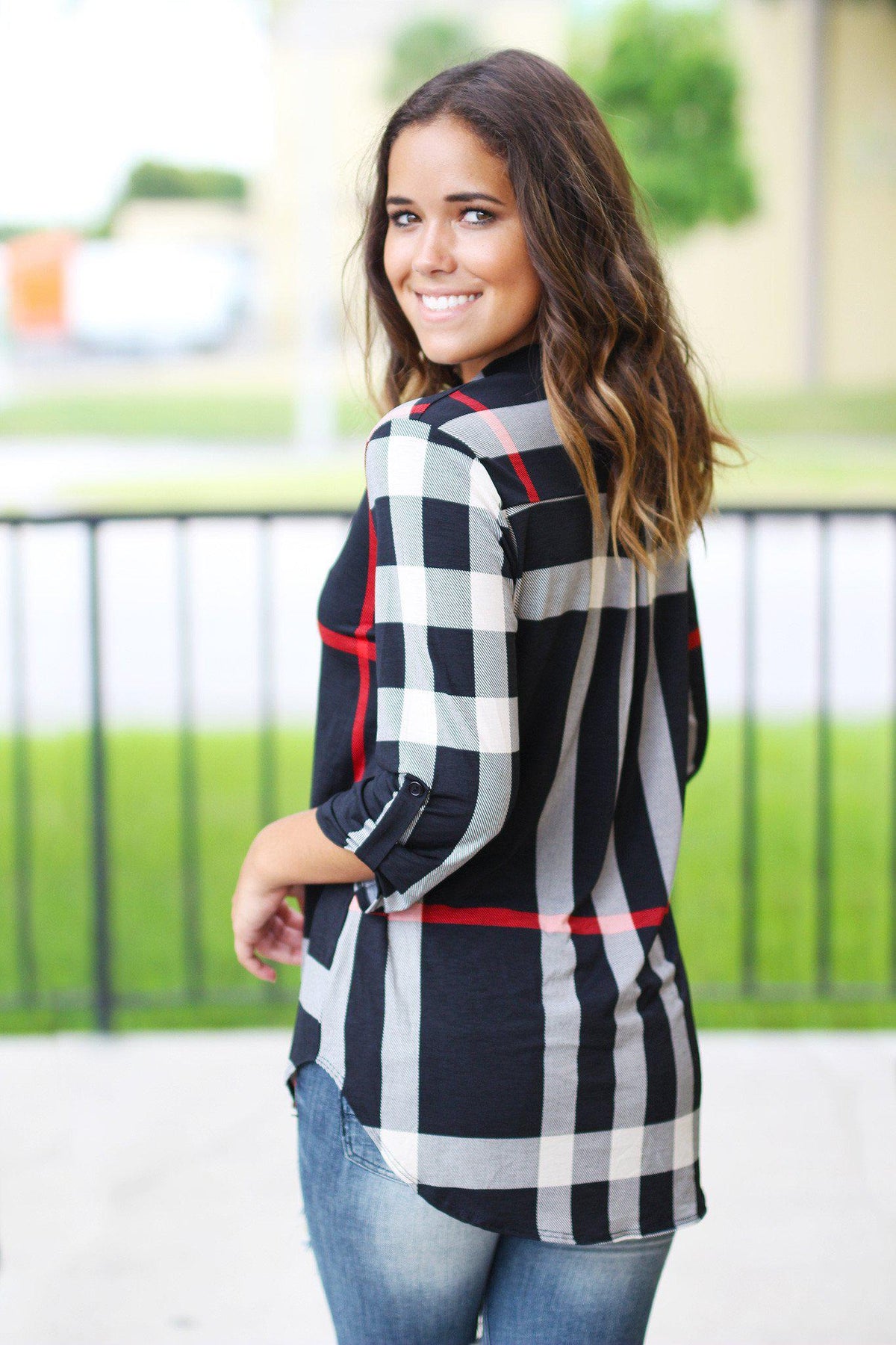 Black Check Print 3/4 Sleeve Top | Black Top | Check Print Top – Saved ...