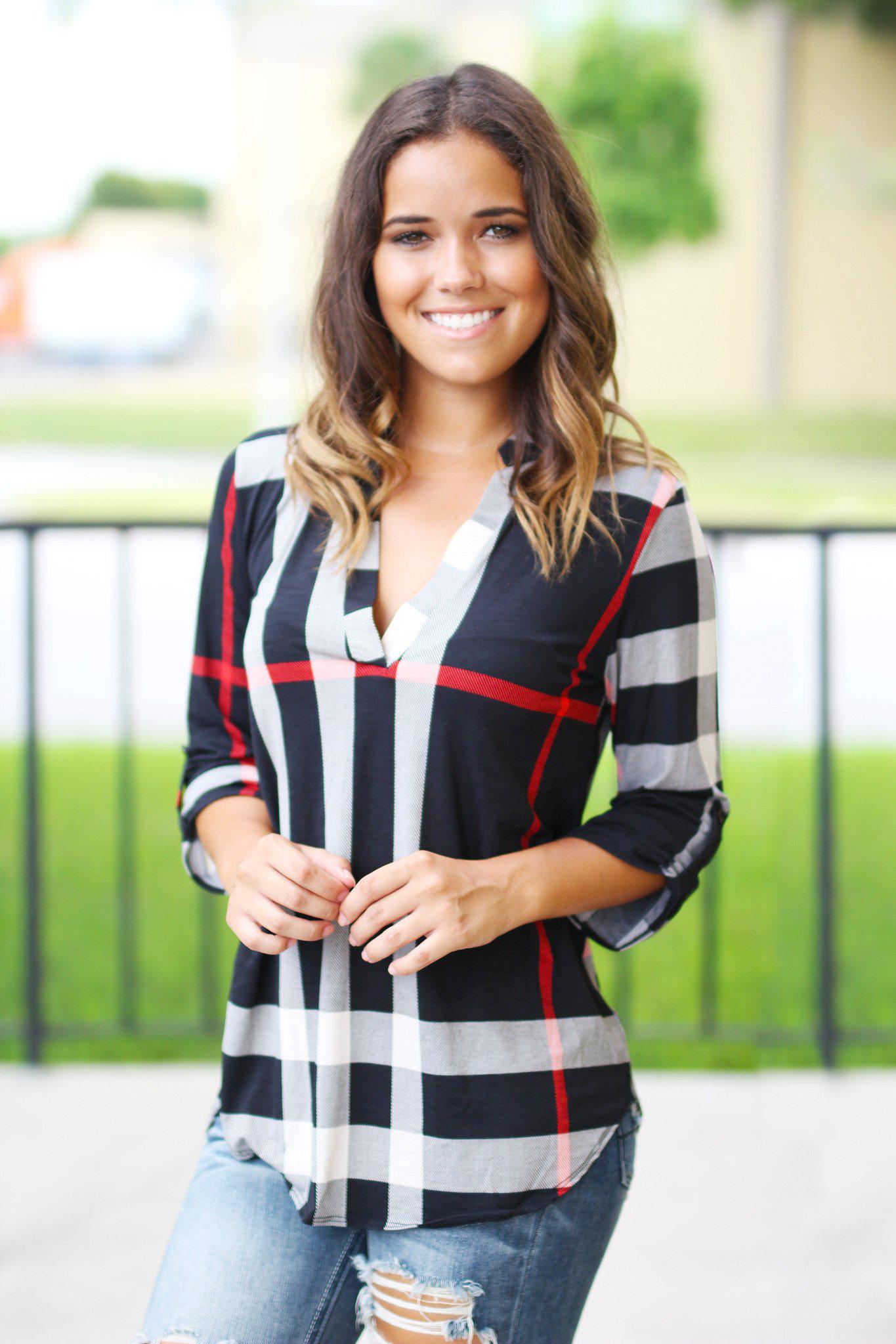 Black Check Print 3/4 Sleeve Top | Black Top | Check Print Top – Saved ...