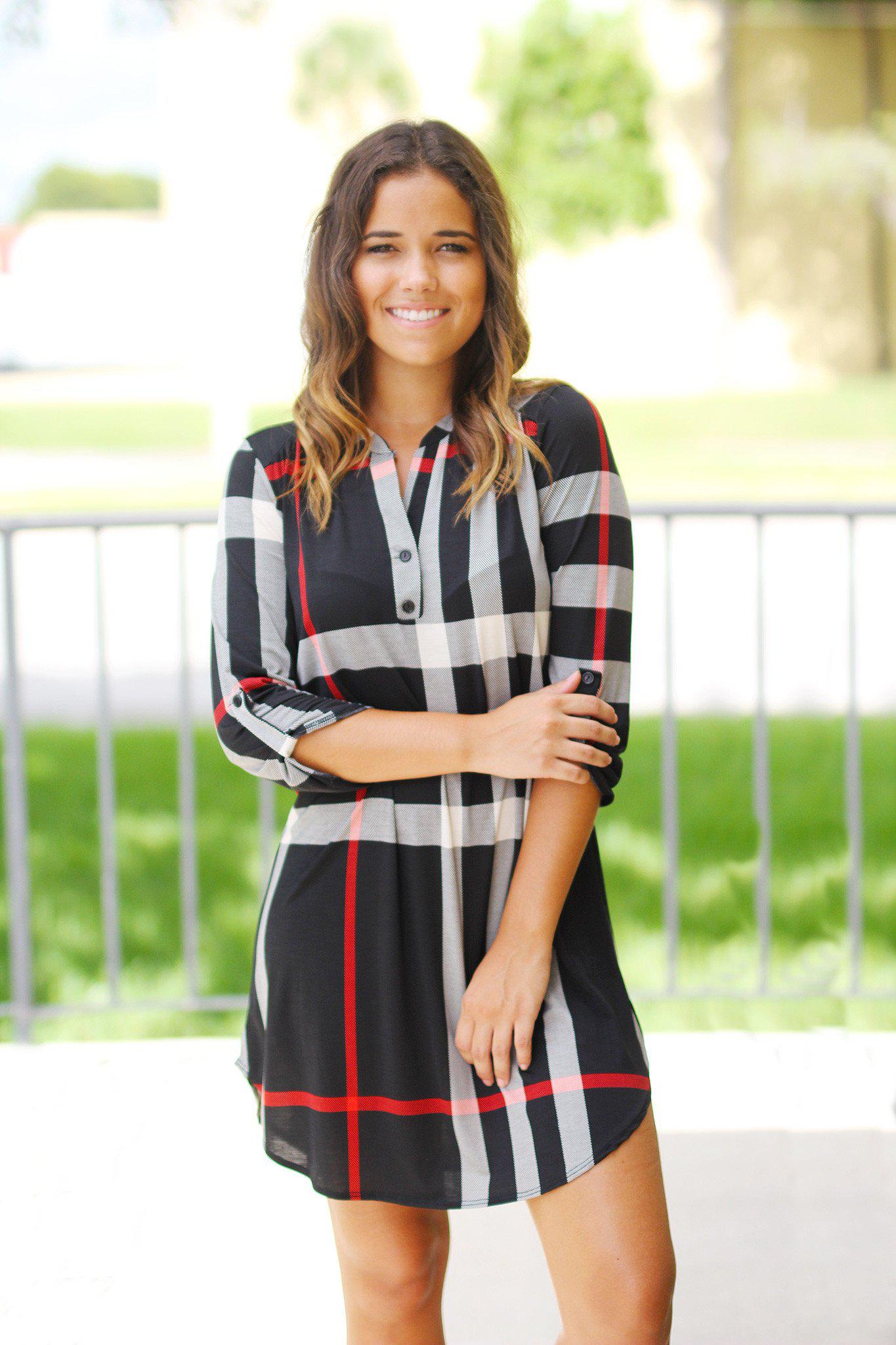 Black Check Print Short Dress with 3/4 Sleeves | Black Short Dress ...