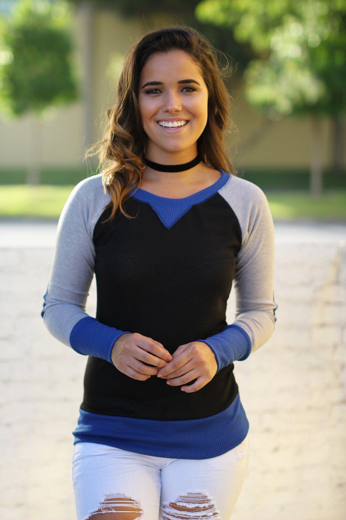 Blue and Black Top with Elbow Patches | Colorblock Top With Patches ...