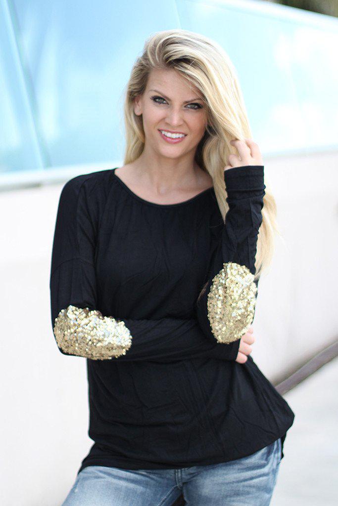 Black Top with Sequin Elbow Patches | Patched Top – Saved by the Dress