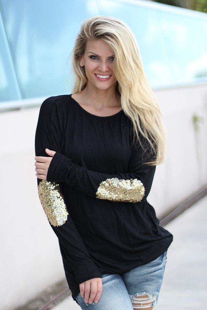 Black Top with Sequin Elbow Patches | Patched Top – Saved by the Dress