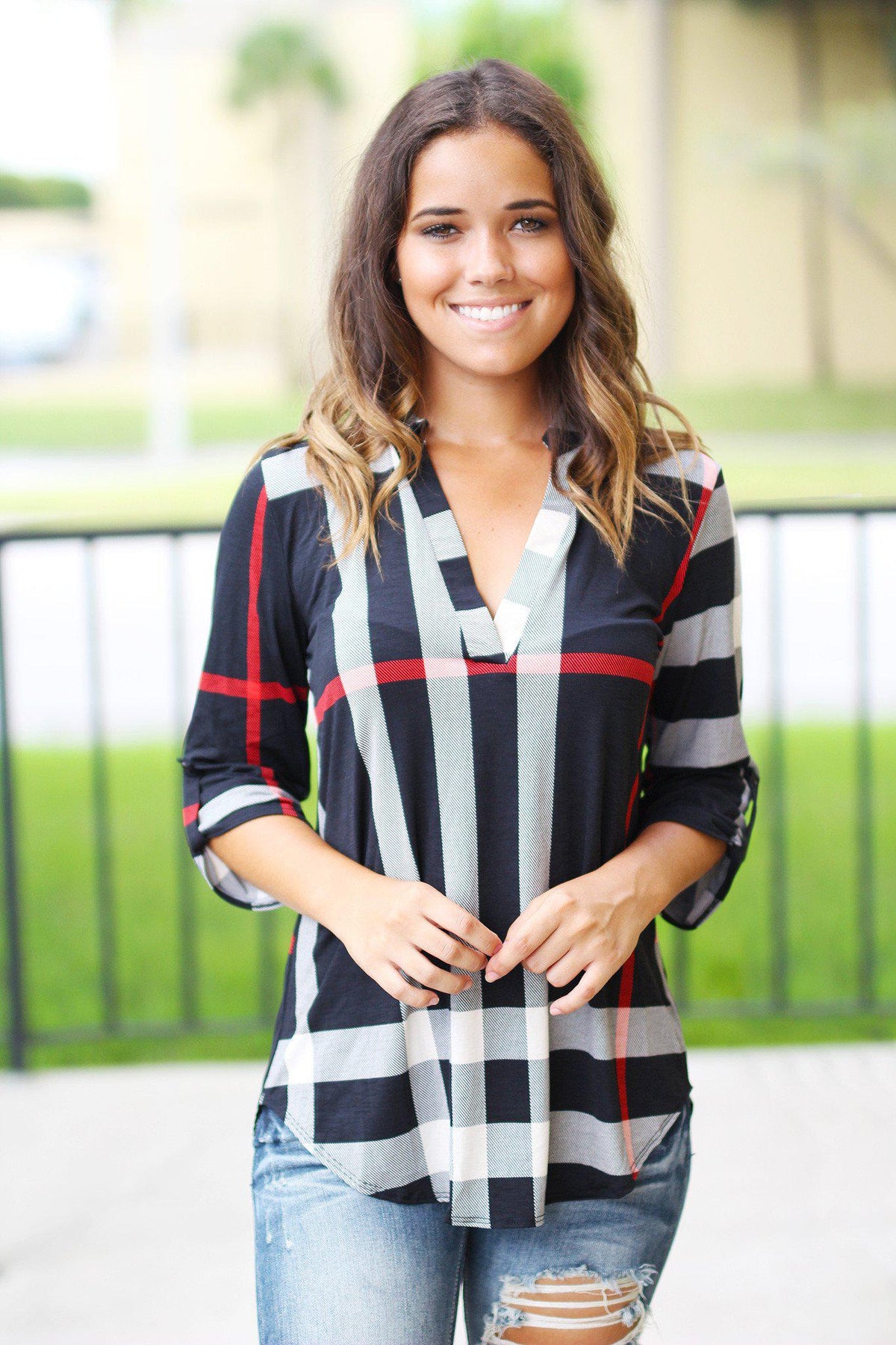 Black Check Print 3/4 Sleeve Top | Black Top | Check Print Top – Saved ...