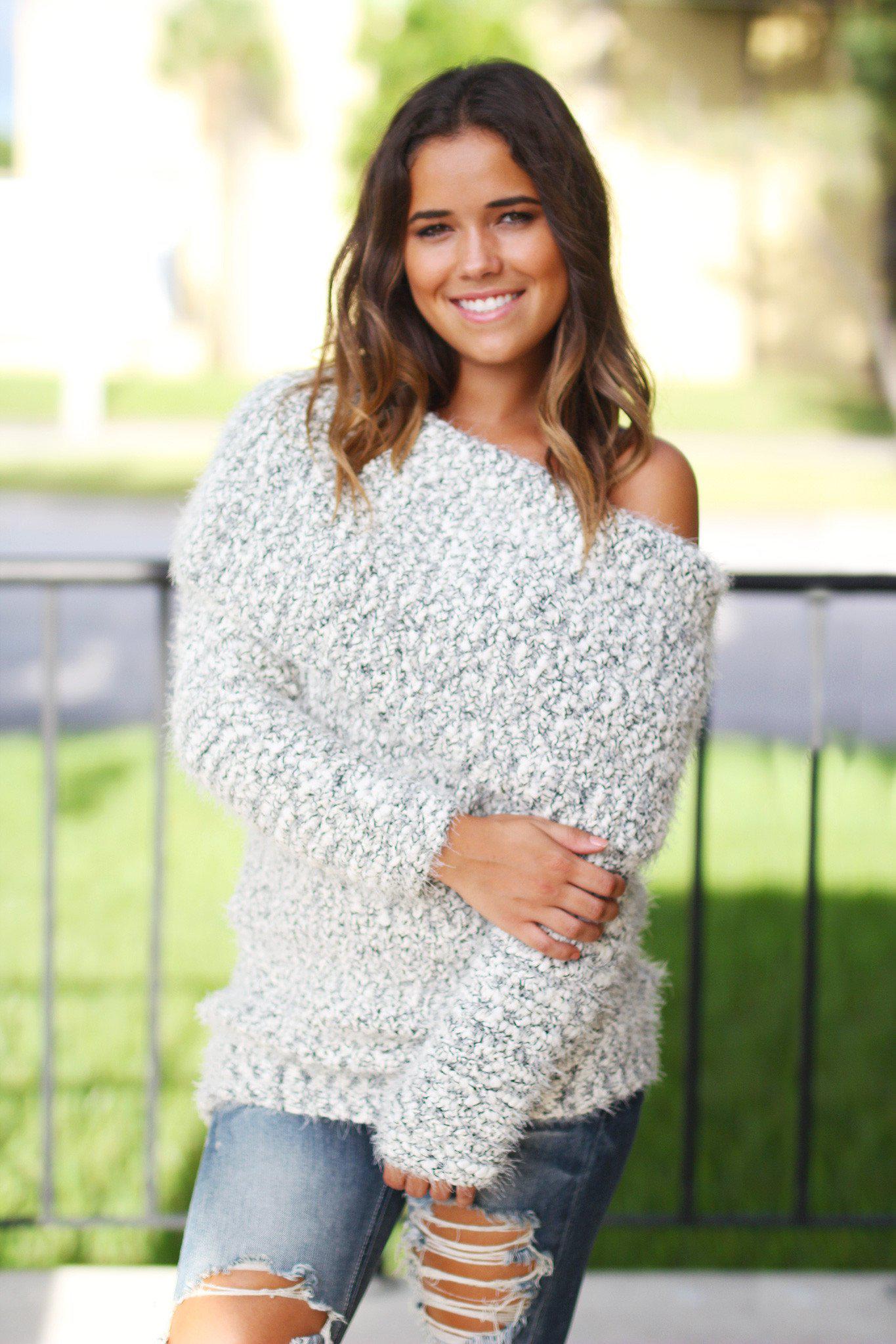 Black and White Plush Chunky Sweater | Fluffy Sweater | Knit Sweater ...