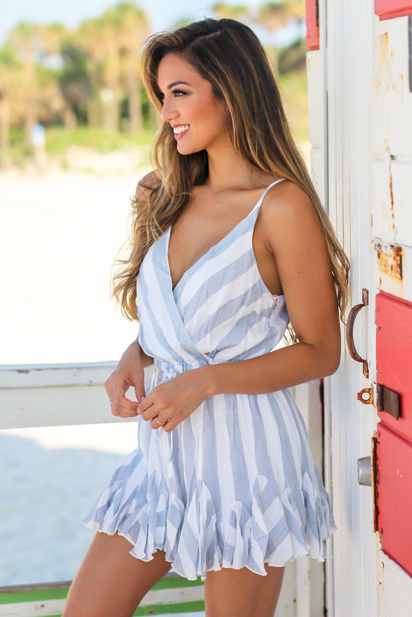Blue Striped Romper with Waist Tie | Rompers – Saved by the Dress