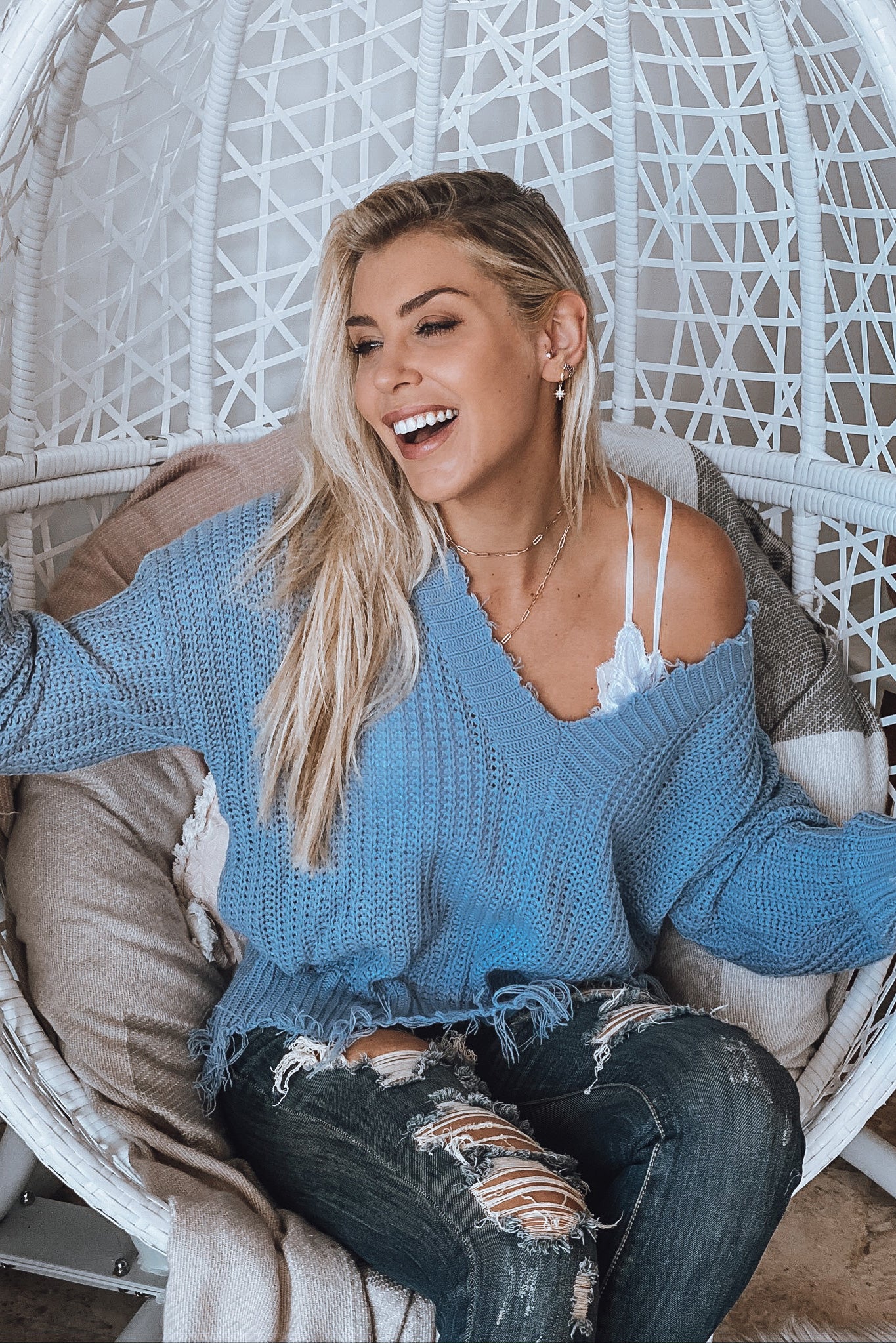 Blue V-Neck Frayed Sweater | Cute Sweaters – Saved by the Dress