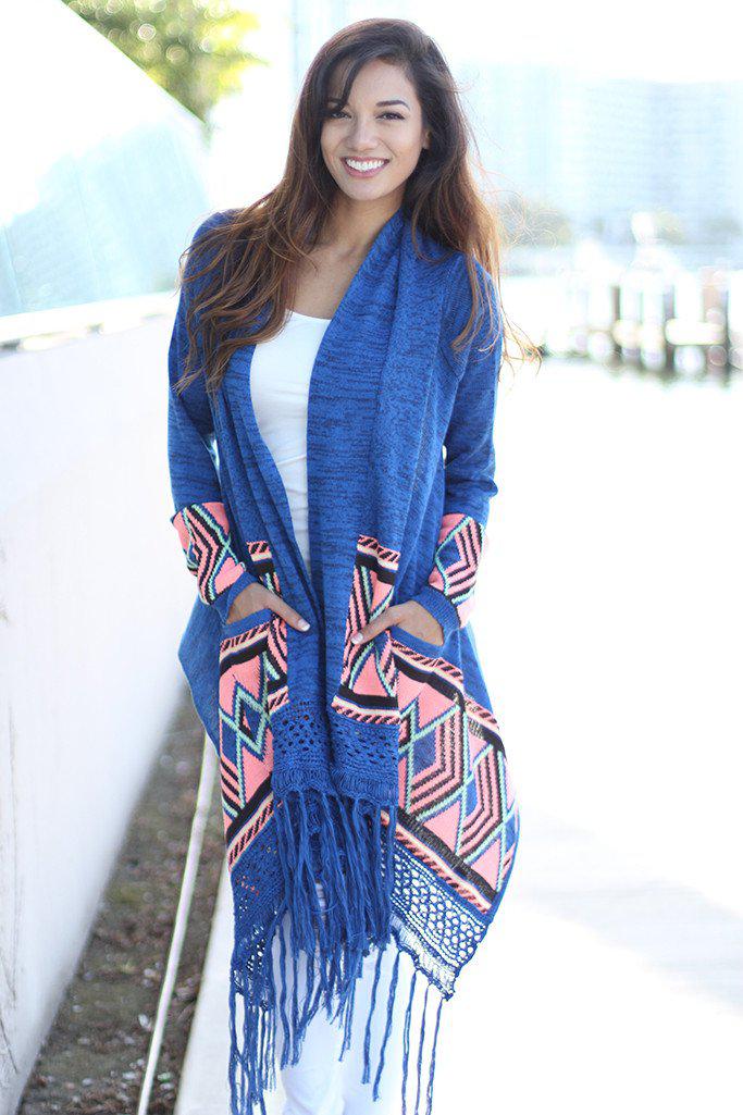 Blue and Neon Pink Long Cardigan | Tribal Print Cardigan – Saved by the ...