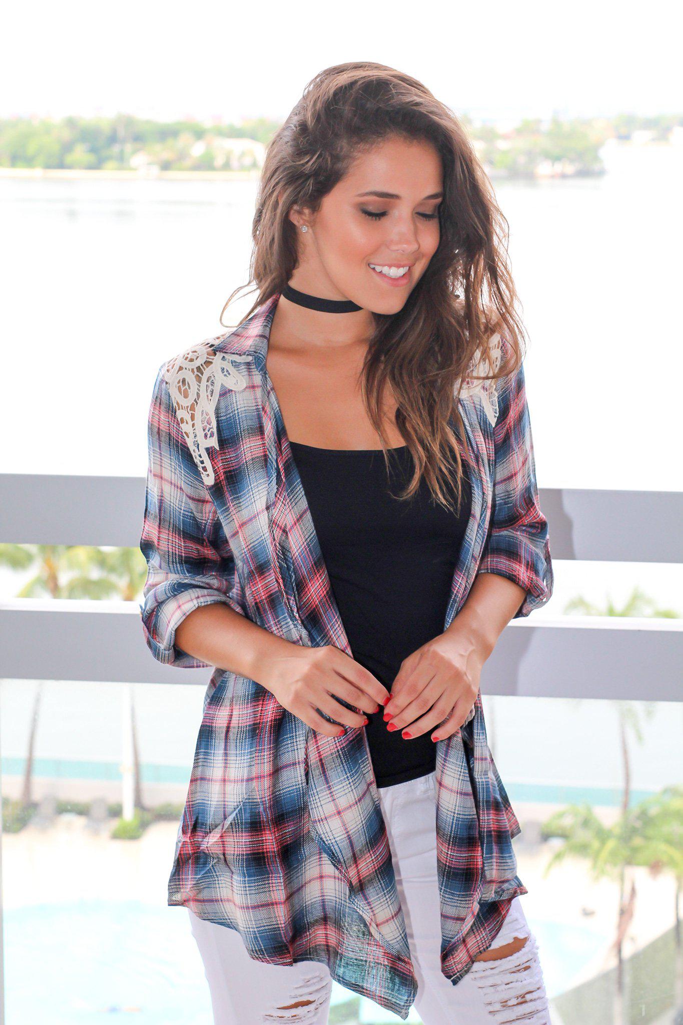Blue and Pink Plaid Cardigan with Lace Detail | Cardigans – Saved by ...