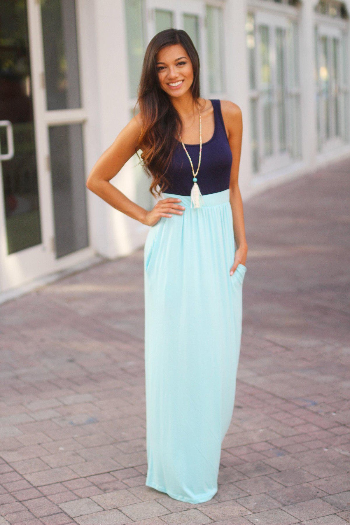 Navy and Blue Maxi Dress with Pockets | Casual Maxi Dress – Saved by ...