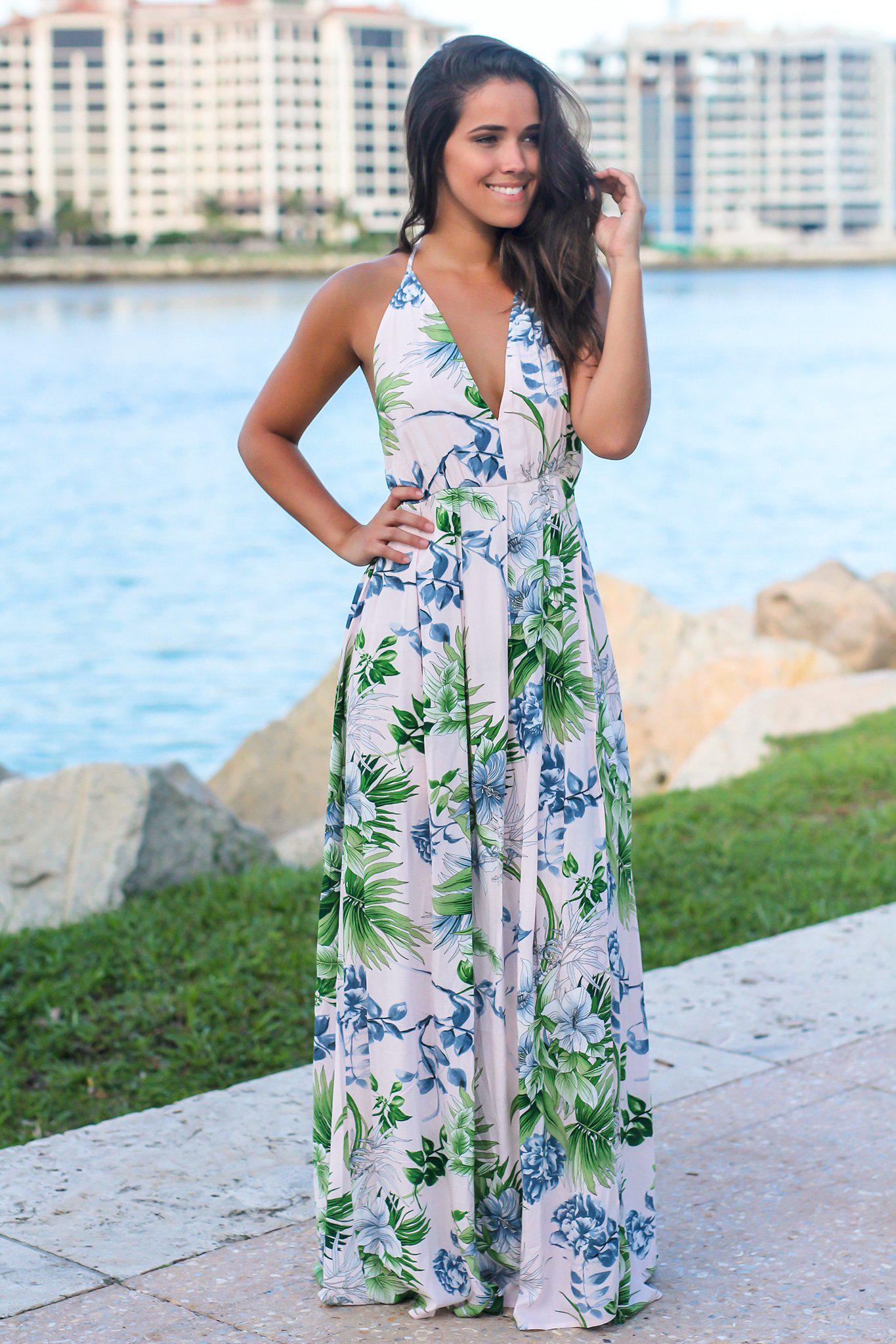 Blush Tropical Halter Neck Maxi Dress | Maxi Dresses – Saved by the Dress