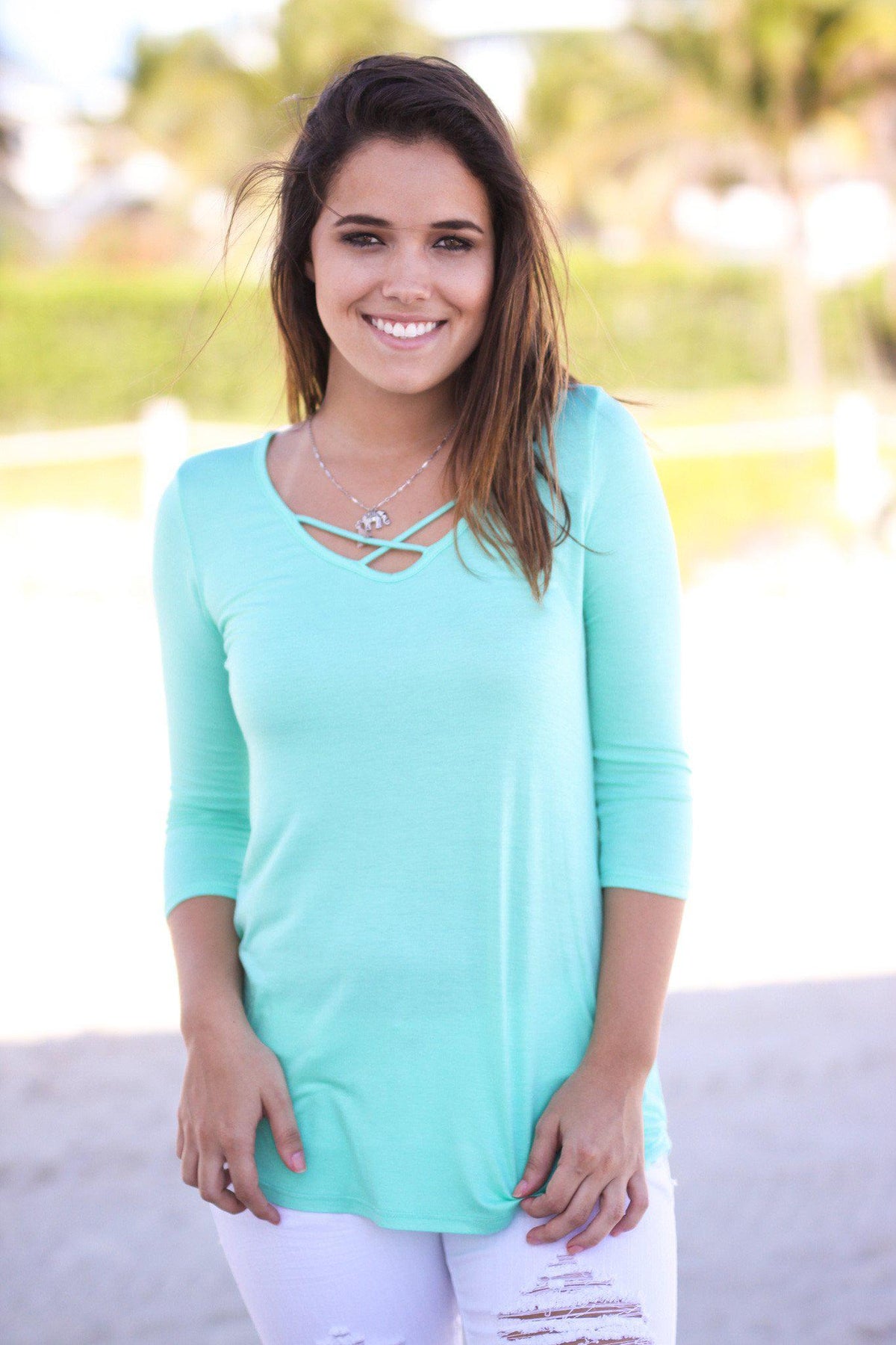 Mint Criss Cross Top with 3/4 Sleeves | Mint Top | Cute Tops – Saved by ...