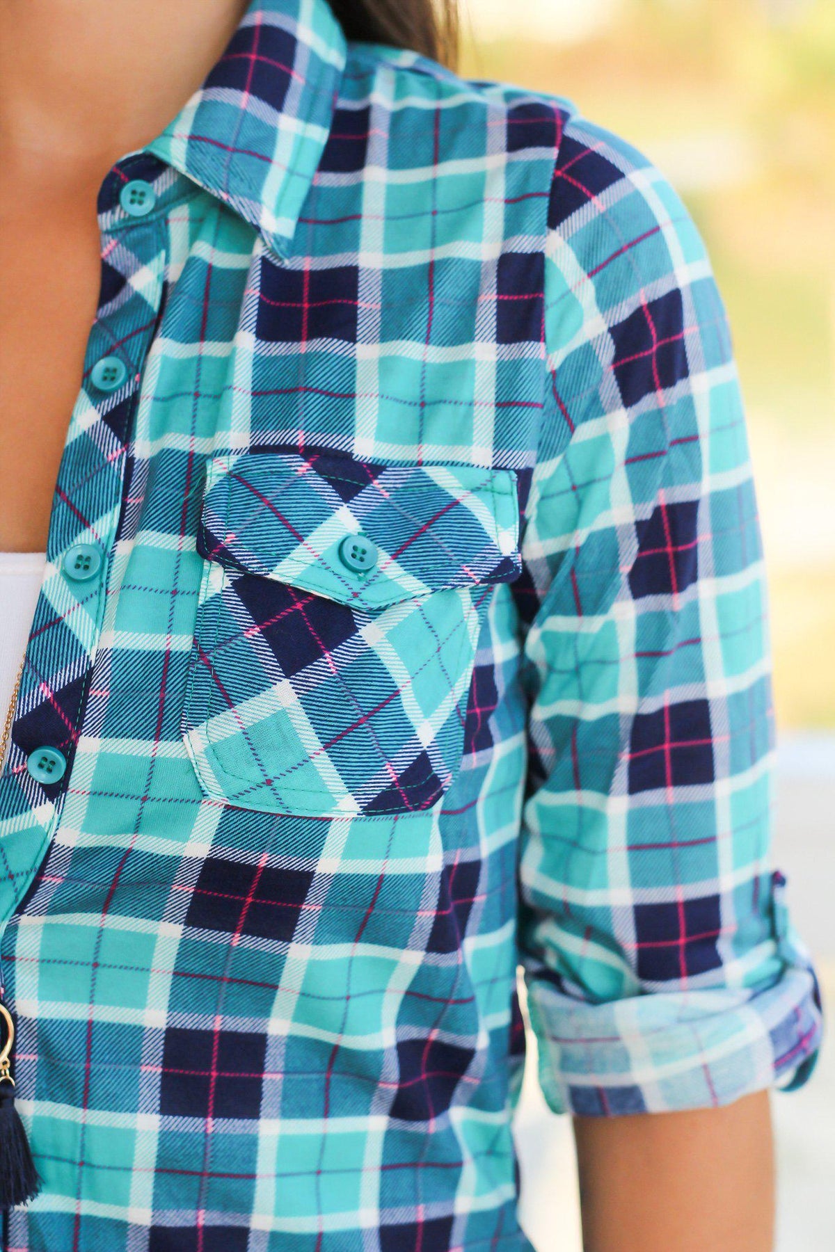 Teal Multi Colored Plaid Top | Cute Tops – Saved by the Dress