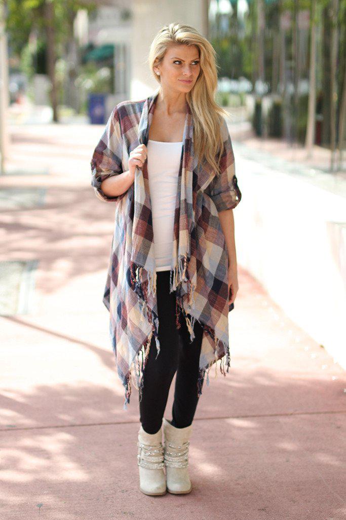 Burgundy and Navy Plaid Fringe Cardigan | Plaid Cardi – Saved by the Dress