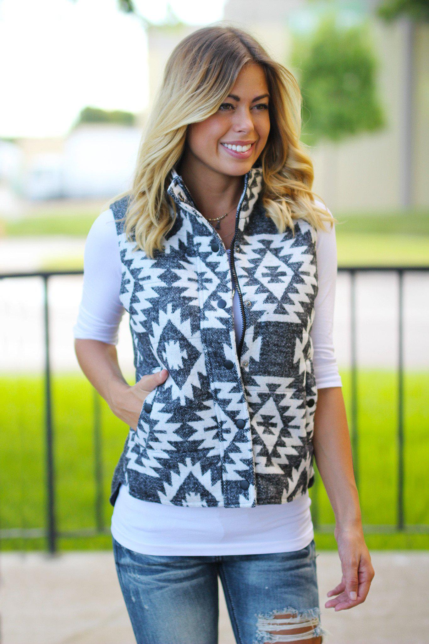 Charcoal Aztec Vest with Pockets | Aztec Print Vest – Saved by the Dress