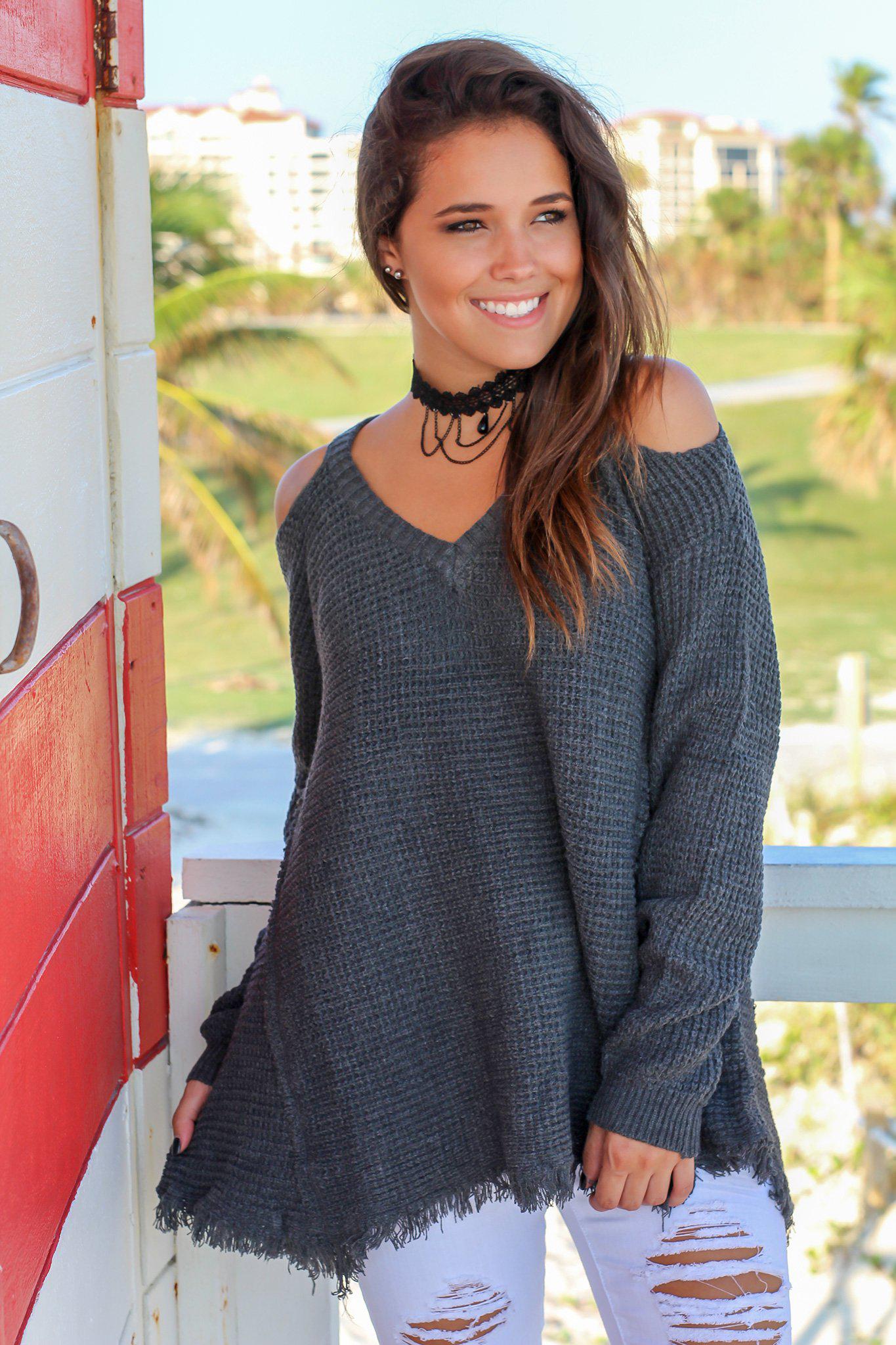 Charcoal Knit Cold Shoulder Sweater | Sweaters – Saved by the Dress