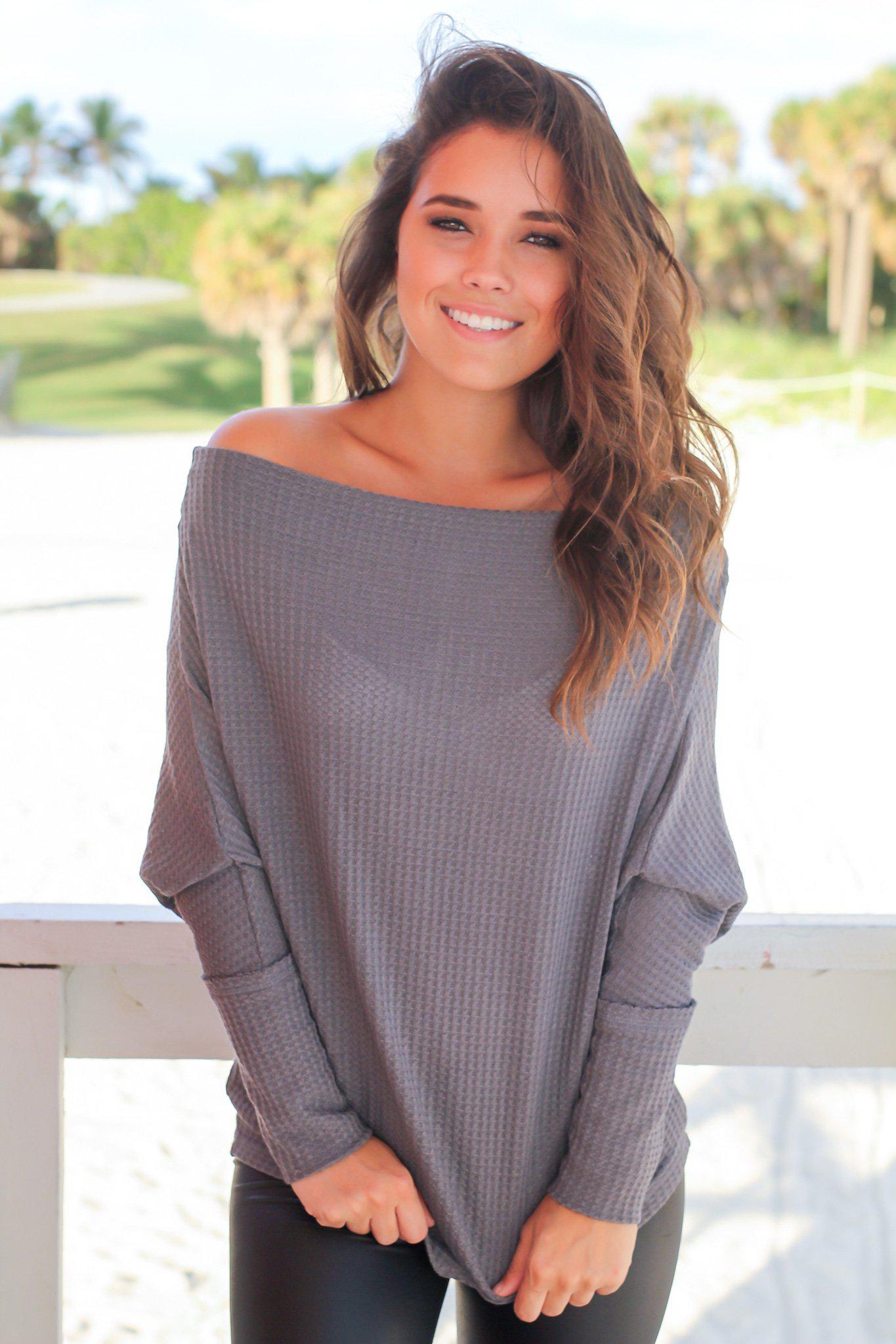 Charcoal Off Shoulder Knit Top | Cute Tops – Saved by the Dress