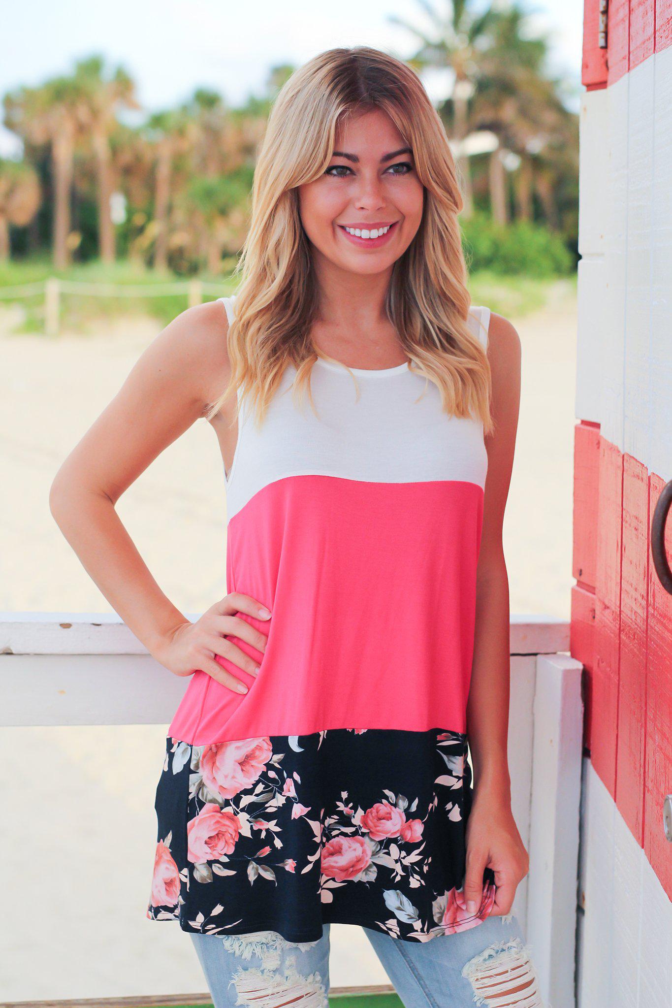 Pink Sleeveless Color Block Top with Back Button Detail | Cute Tops ...