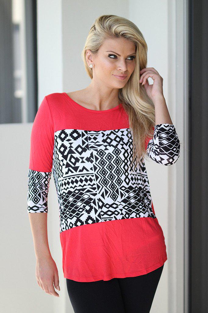 Coral Aztec Top | Coral Top With Aztec Print | Cute Top – Saved by the ...