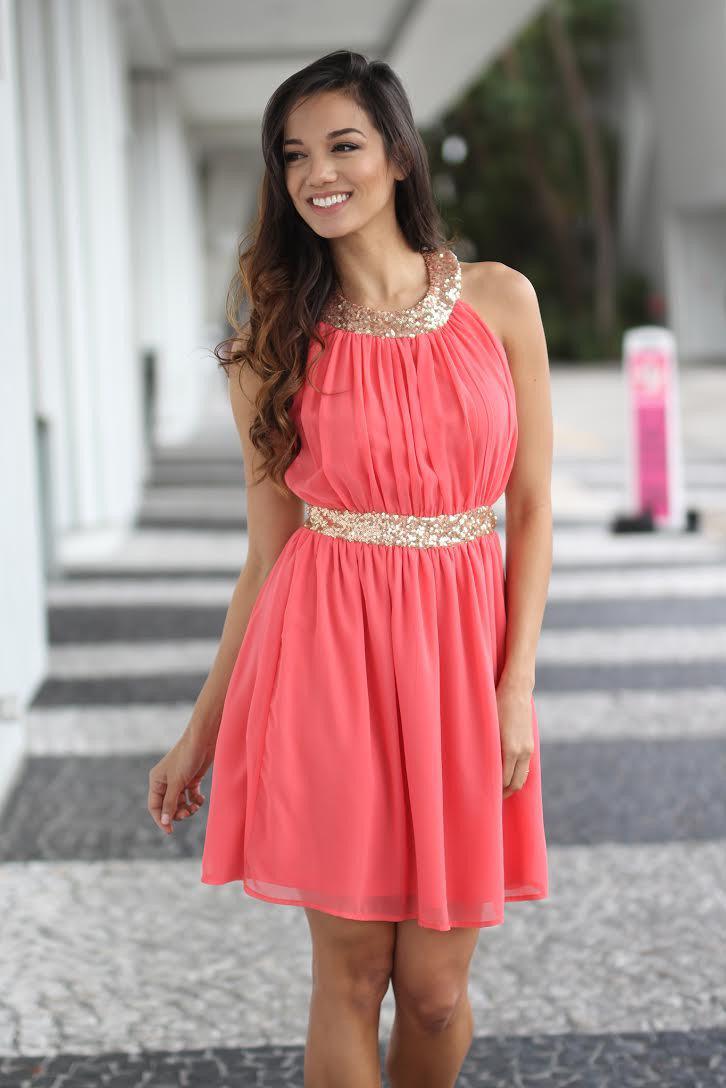 Coral and Gold Sequin Dress | Coral Short Dress – Saved by the Dress