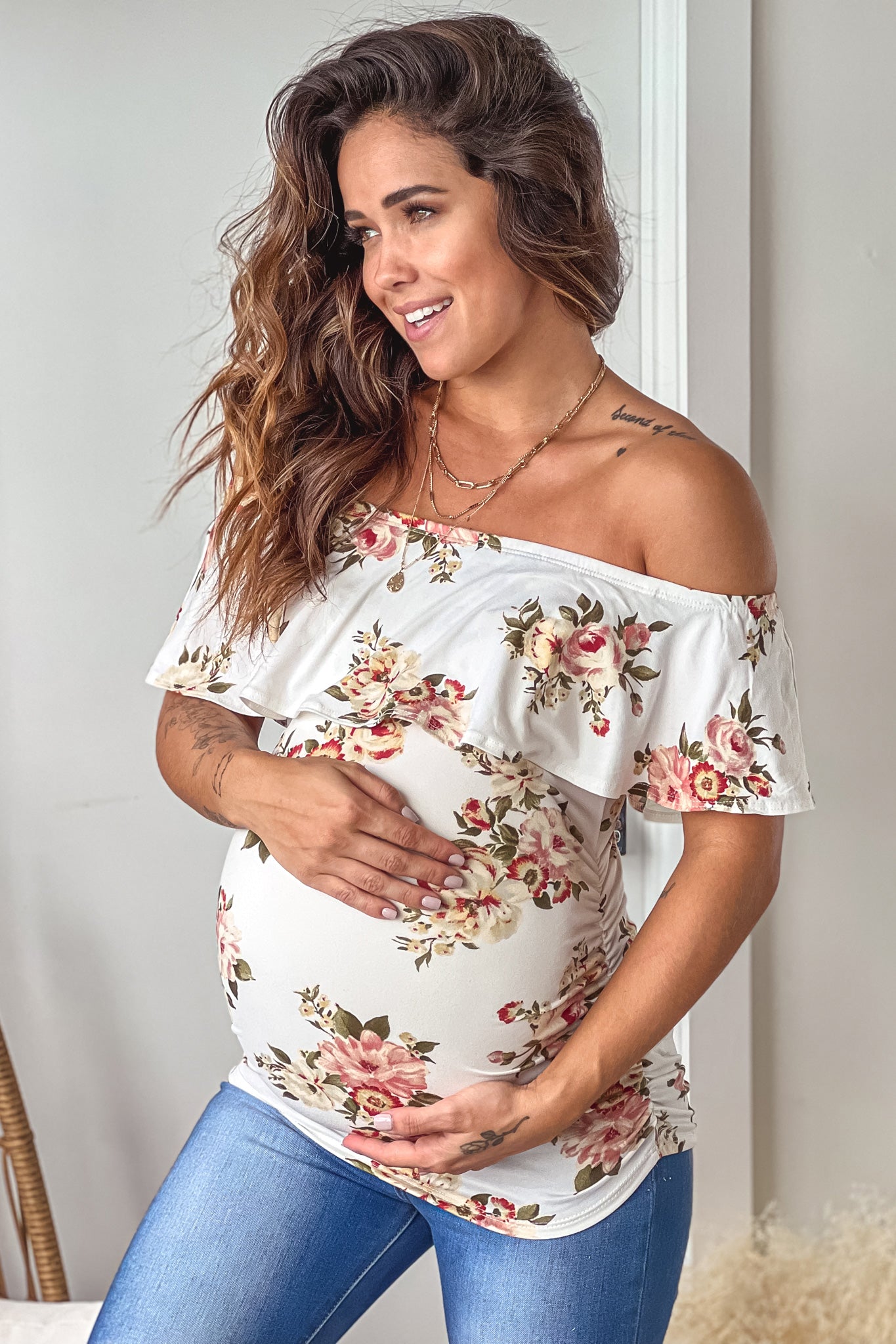 Cream Floral Off Shoulder Maternity Top | Saved By The Dress – Saved by ...