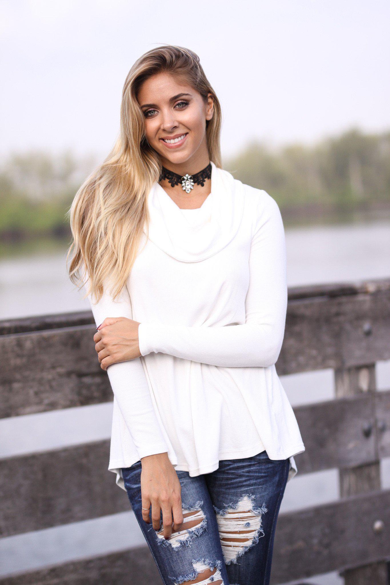 Cream Long Sleeve Cowl Neck Tunic | Women's Tops – Saved by the Dress