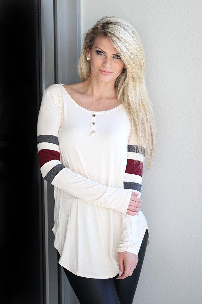 Cream Top With Color Block Sleeves | Cream Striped Top – Saved by the Dress