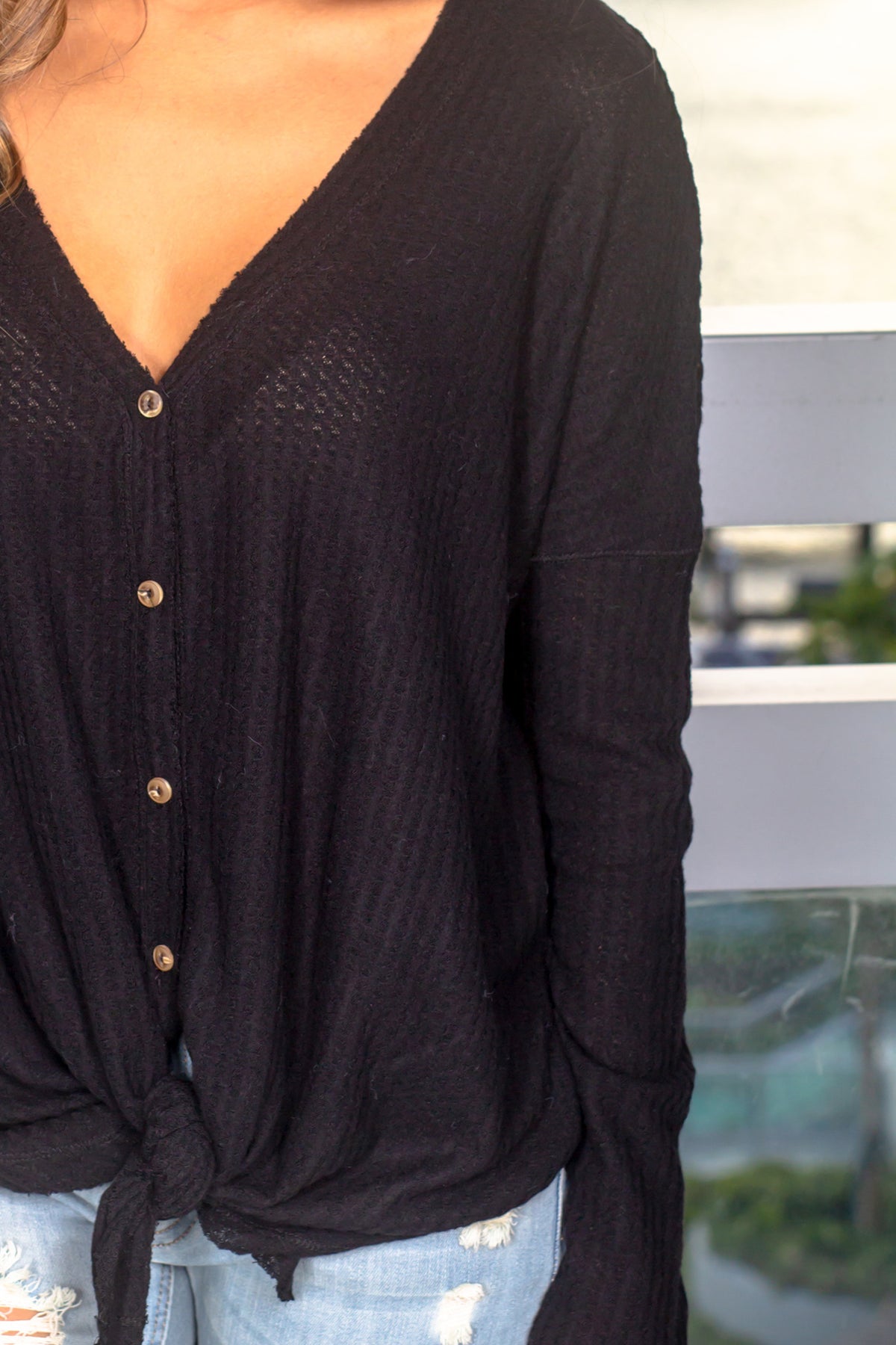 Black Oversized Knit Top | Waffle Knit Tie Front Top – Saved by the Dress