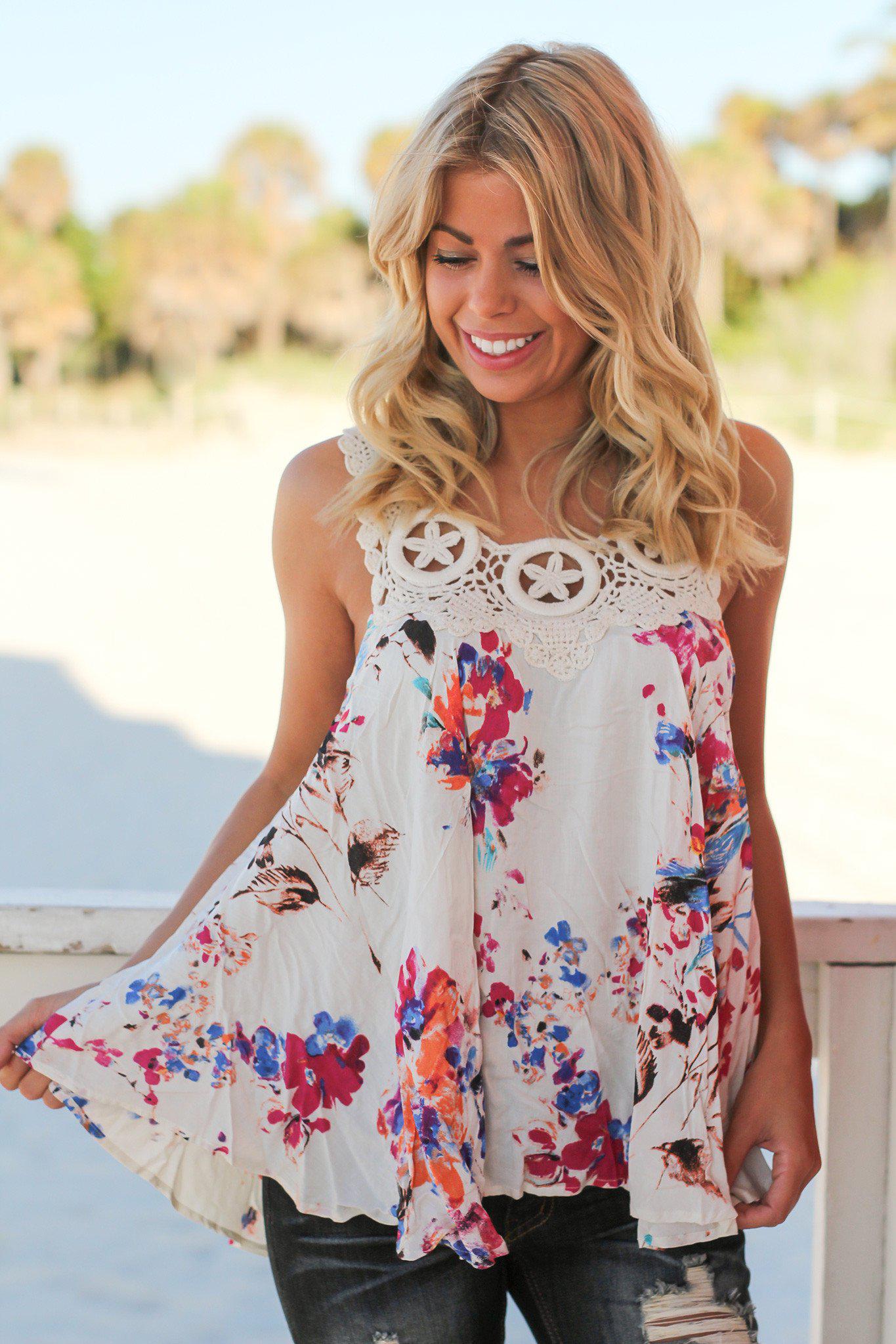 Ivory and Pink Floral Top with Crochet Detail | Cute Tops – Saved by ...