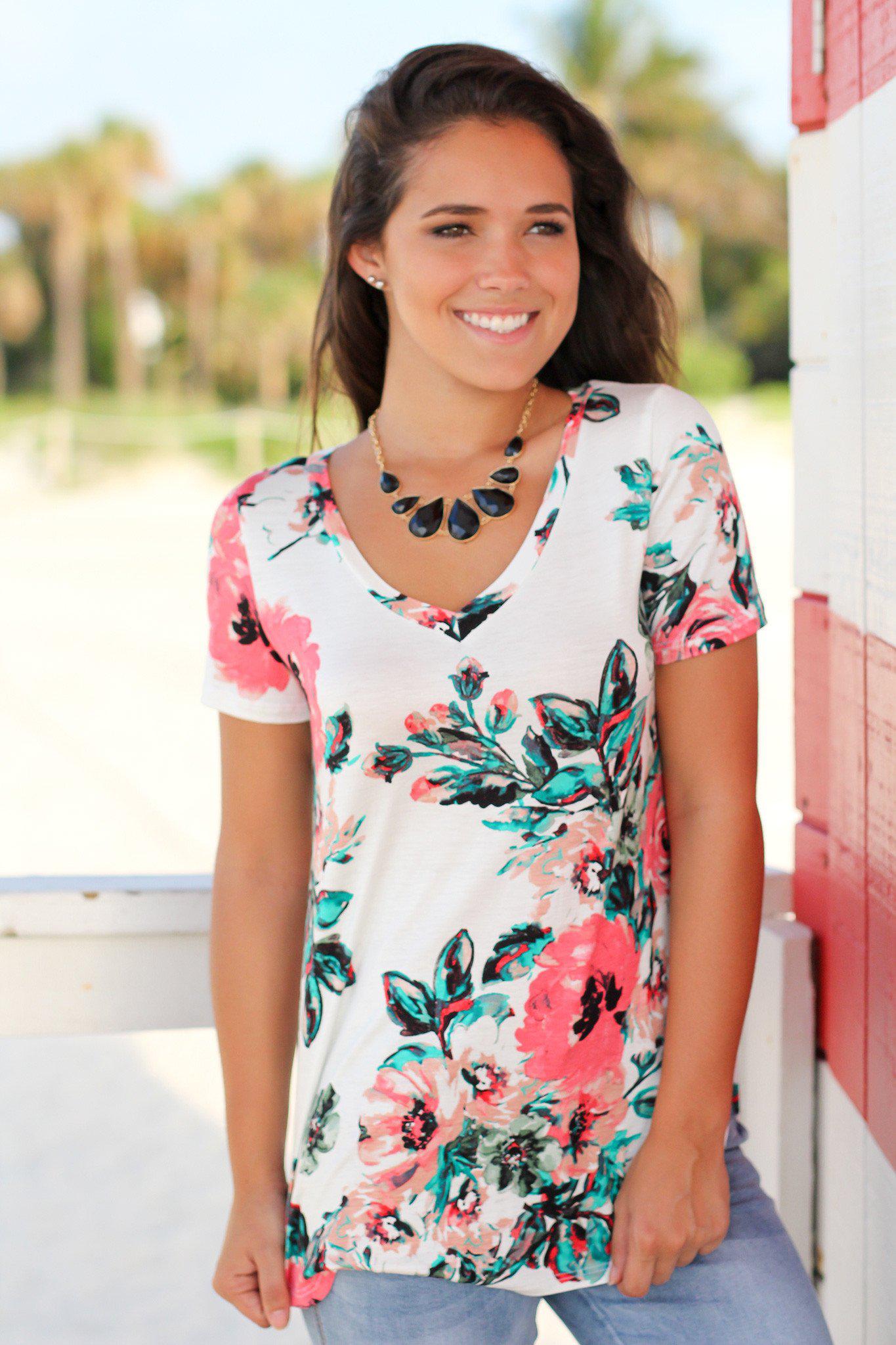 Ivory Floral V-Neck Top | Cute Tops – Saved by the Dress