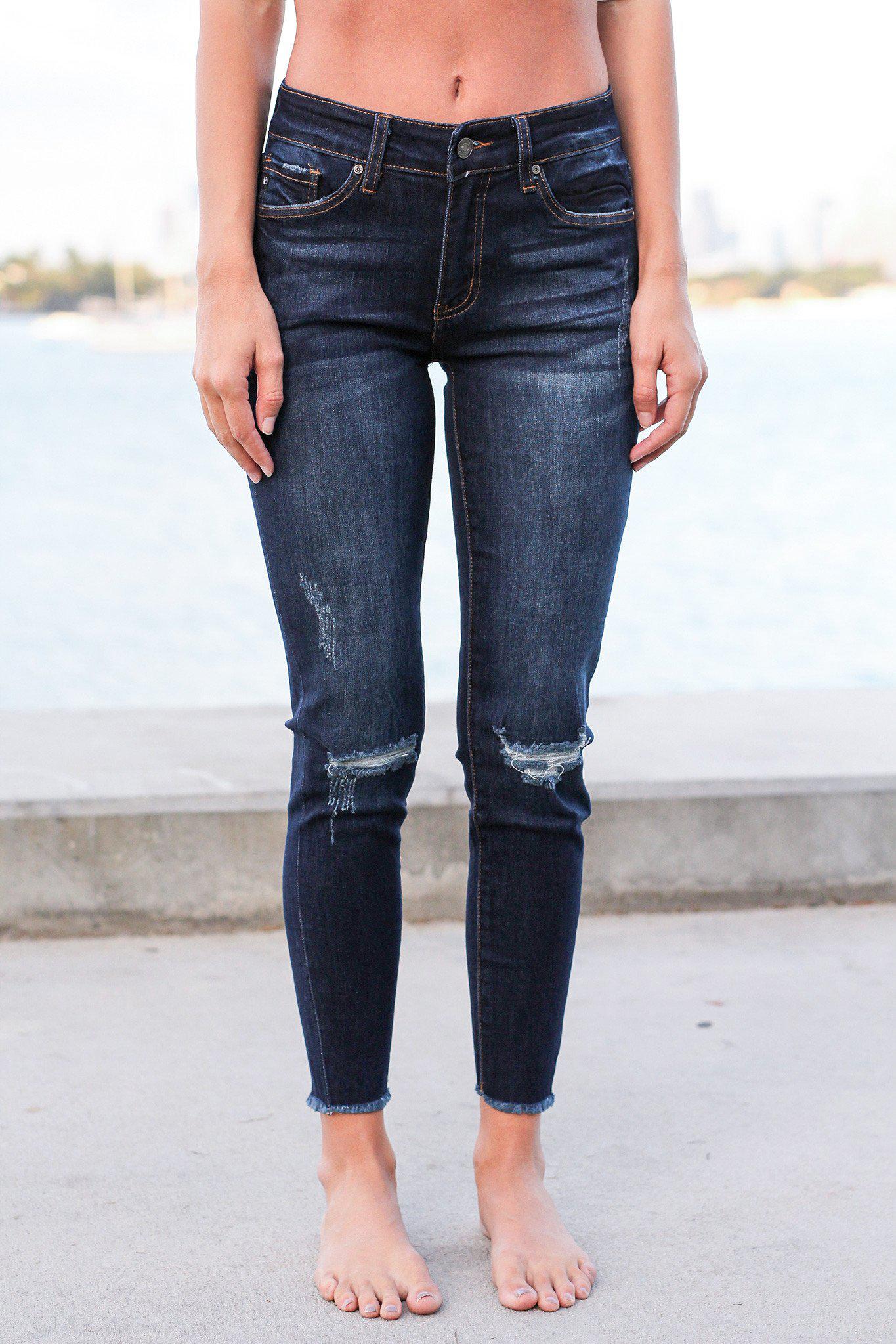 Dark Distressed Cropped Jeans | Online Boutiques – Saved by the Dress