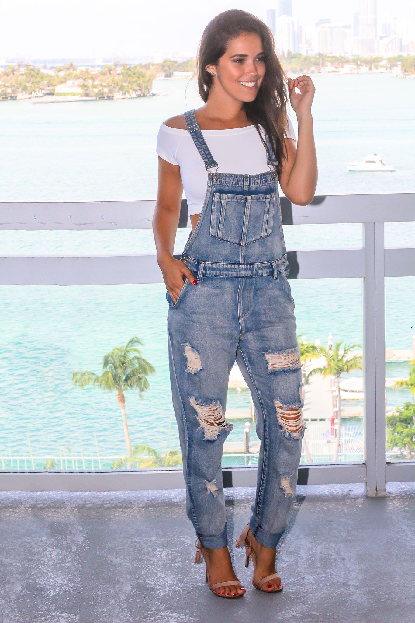 Denim Distressed Overalls | Online Boutiques – Saved by the Dress