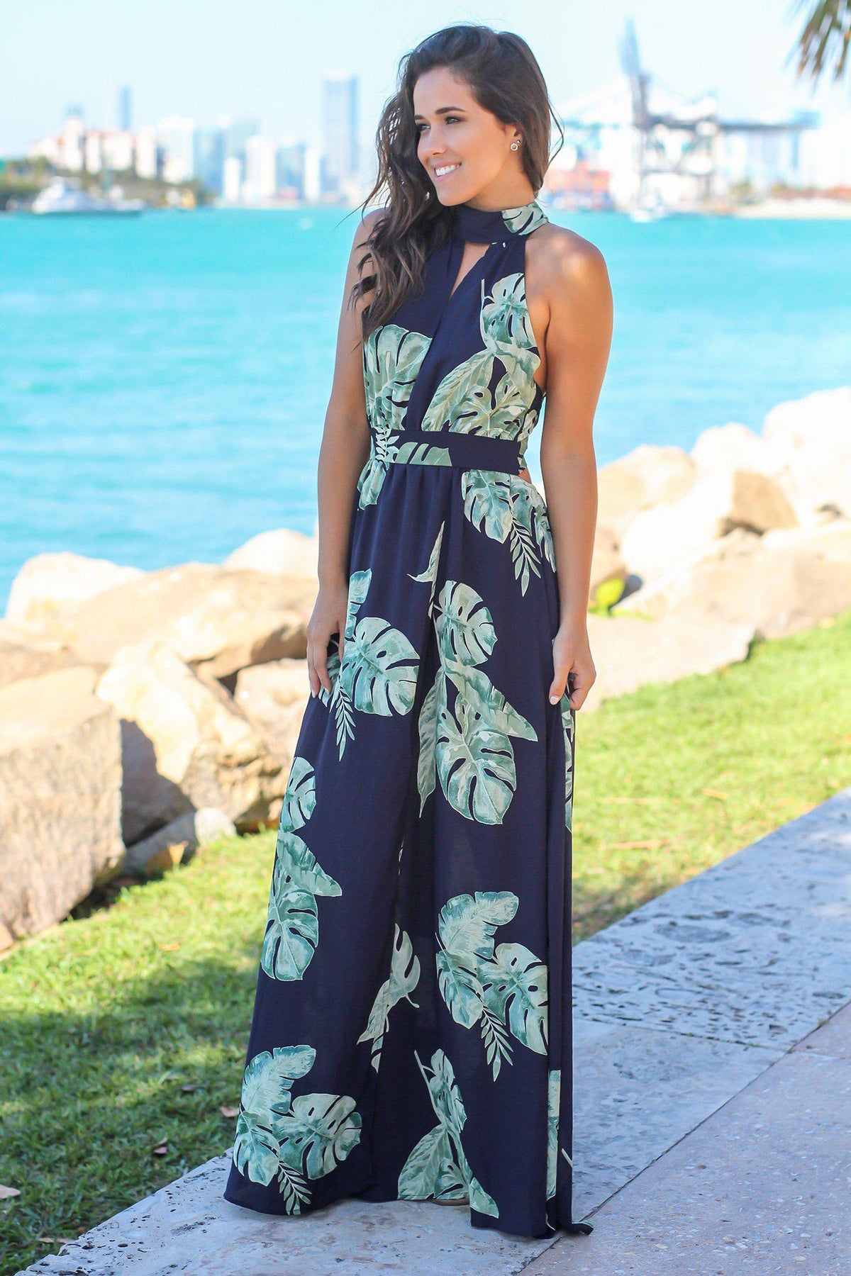 Navy Printed Maxi Dress with Open Back | Maxi Dresses – Saved by the Dress