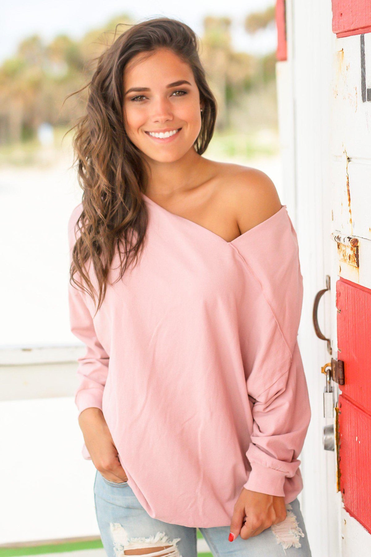 Dusty Rose Long Sleeve Top with Asymmetrical Neckline | Cute Tops ...