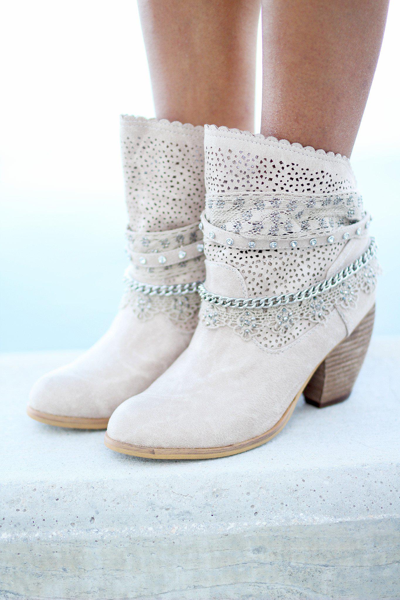 Edyn Cream Booties | Cream Scalloped Booties | Cream Wooden Heel Boots ...