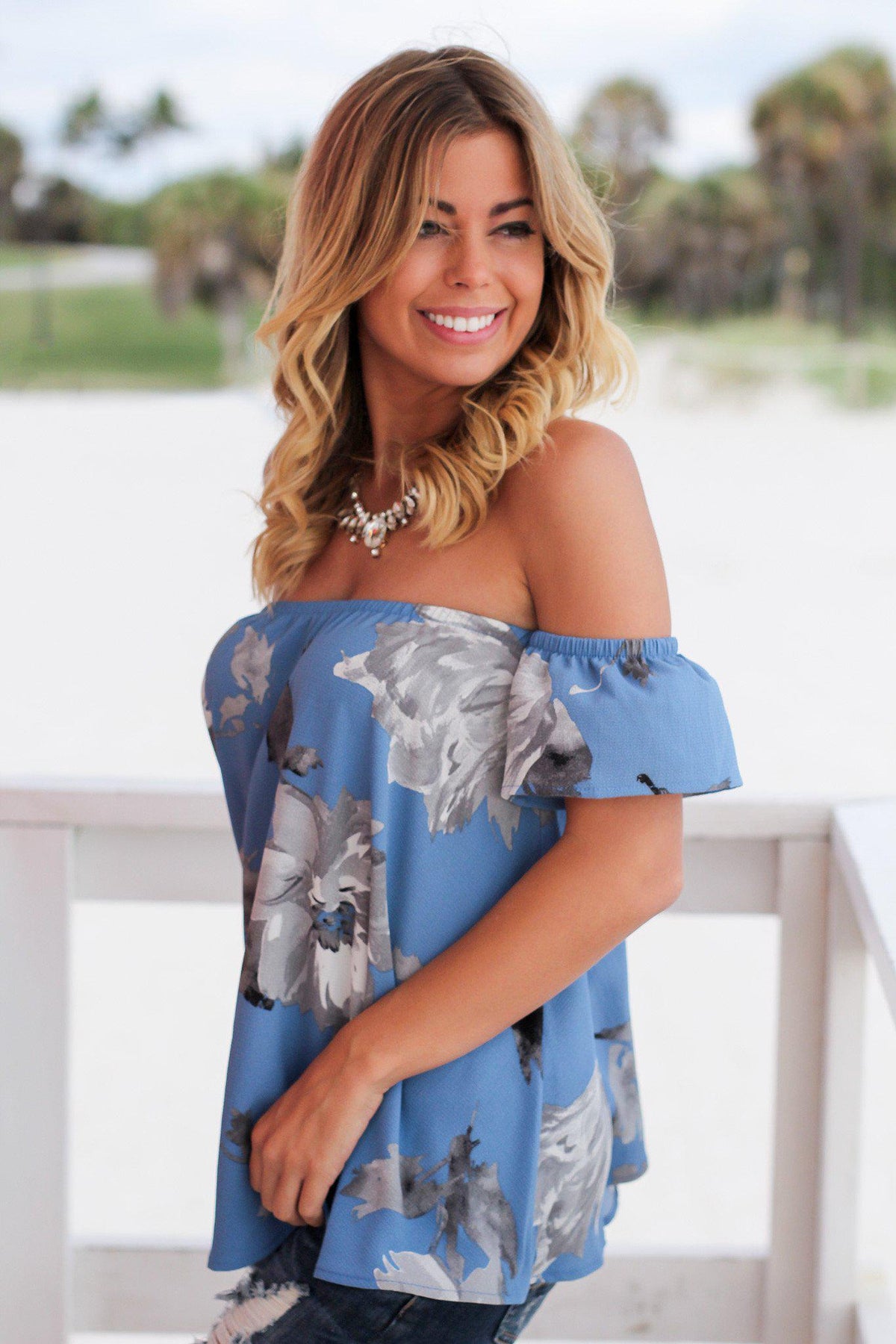 Blue and Gray Floral Off Shoulder Top | Cute Tops – Saved by the Dress
