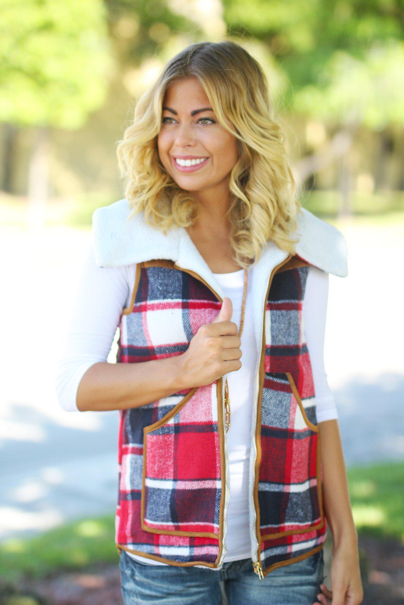 Red Plaid Faux Fur Vest – Saved by the Dress