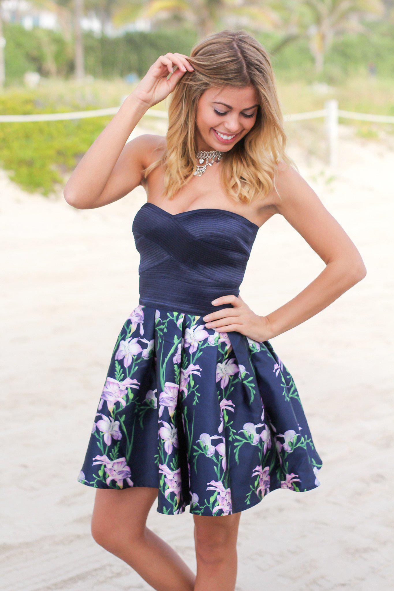 Navy Strapless Short Dress with Floral Bottom | Cute Dresses – Saved by ...