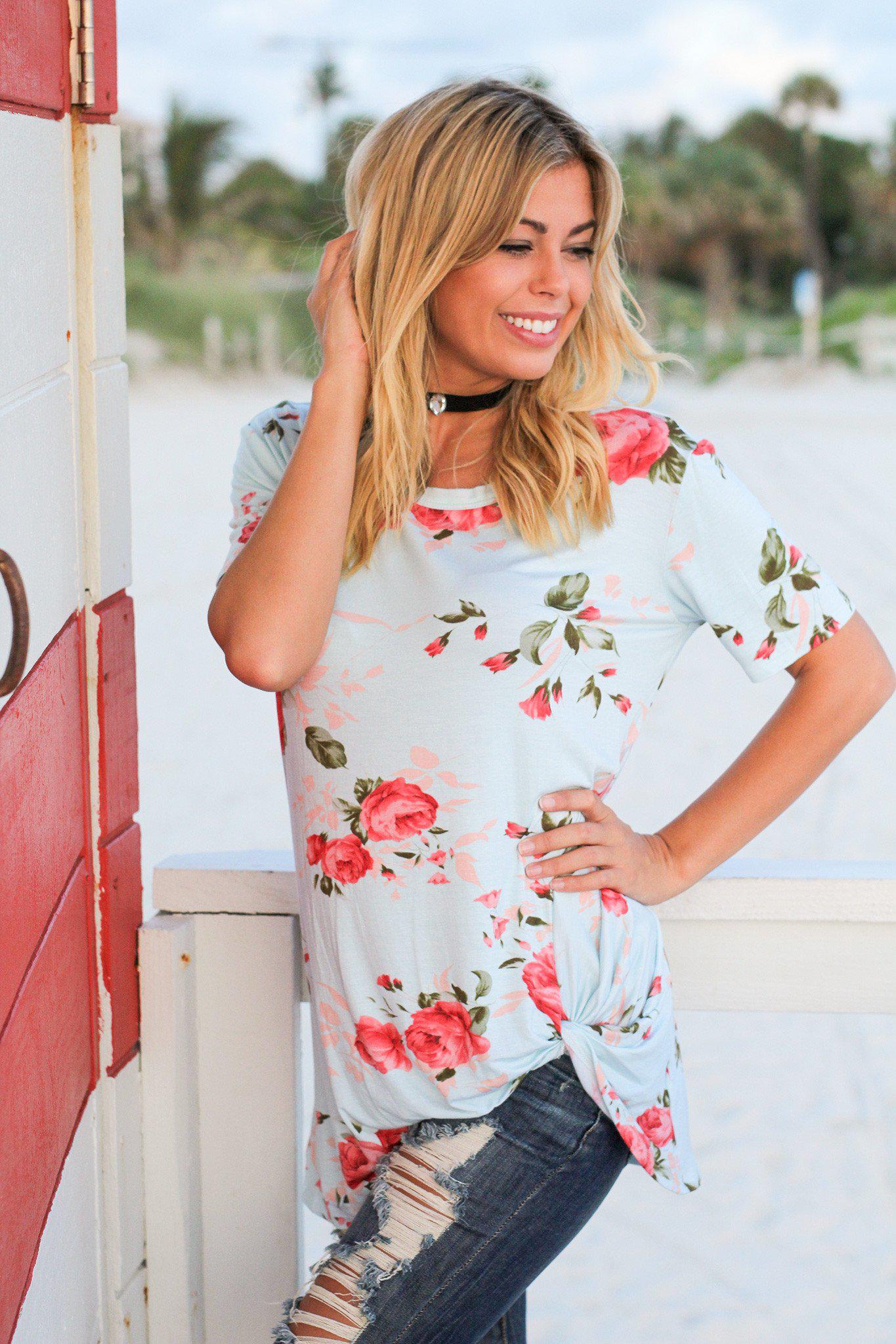 Light Blue Floral Top with Knot | Cute Tops – Saved by the Dress