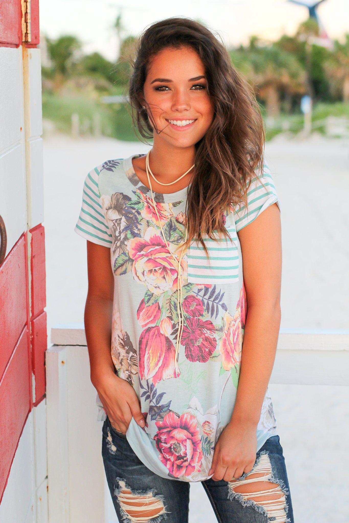 Floral Top with Striped Sleeves and Pocket | Cute Tops – Saved by the Dress