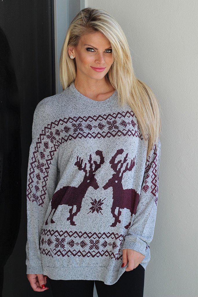 Gray And Burgundy Reindeer Top | Reindeer Festive Top – Saved by the Dress