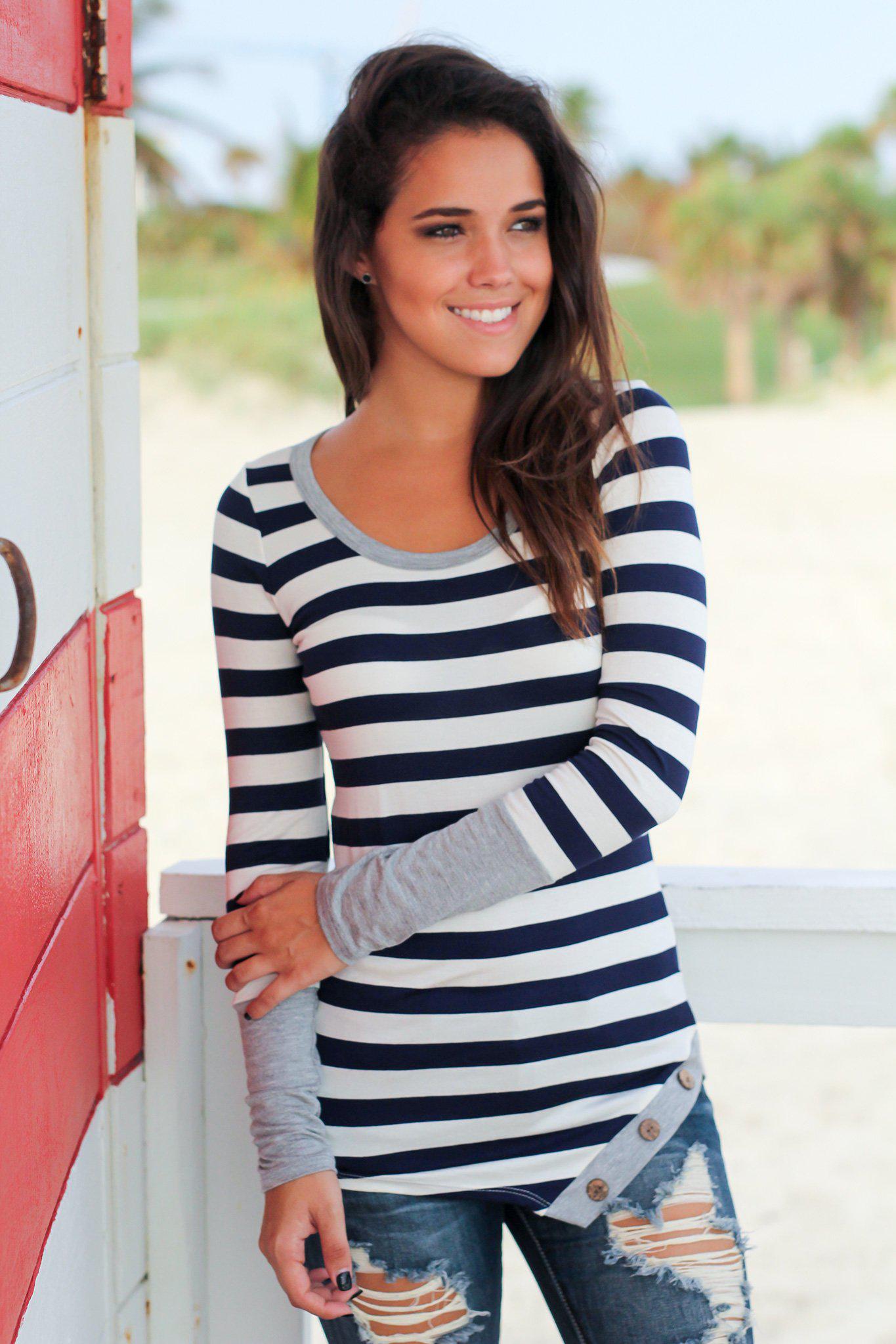 Gray Striped Top With Buttons | Cute Tops – Saved by the Dress