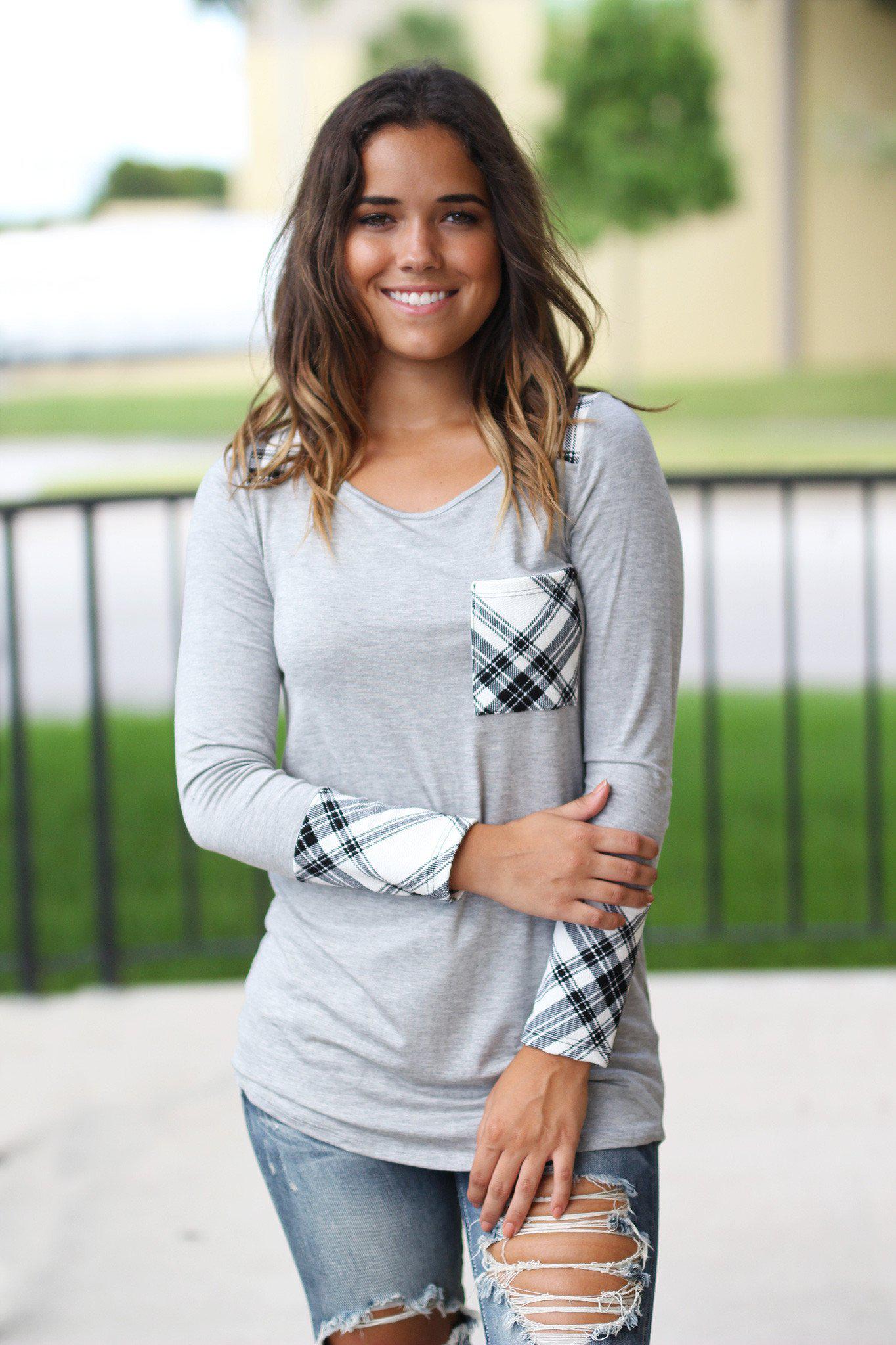 Gray Plaid Top With Front Pocket – Saved by the Dress