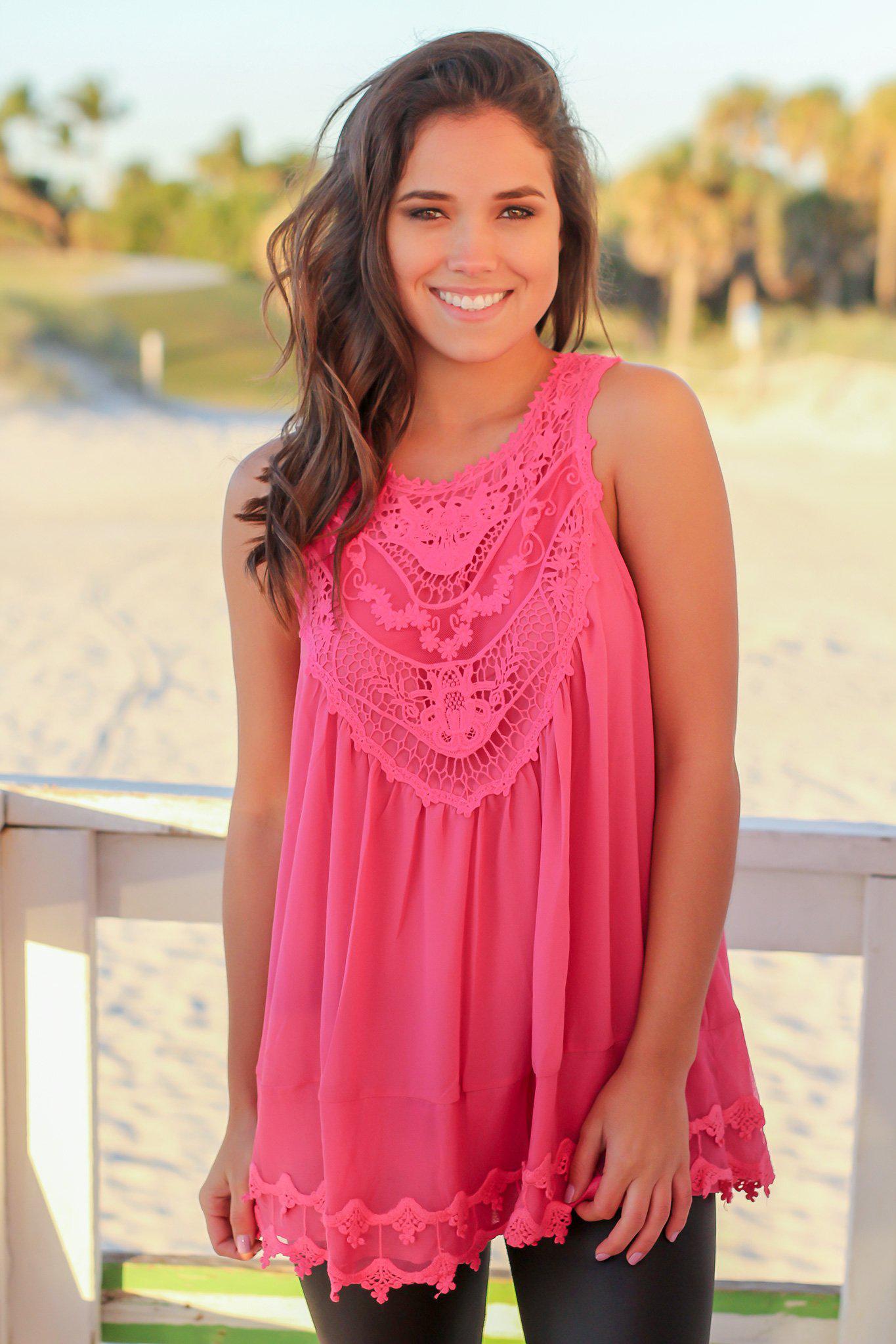 Hot Pink Chiffon Crochet Top | Cute Tops – Saved by the Dress